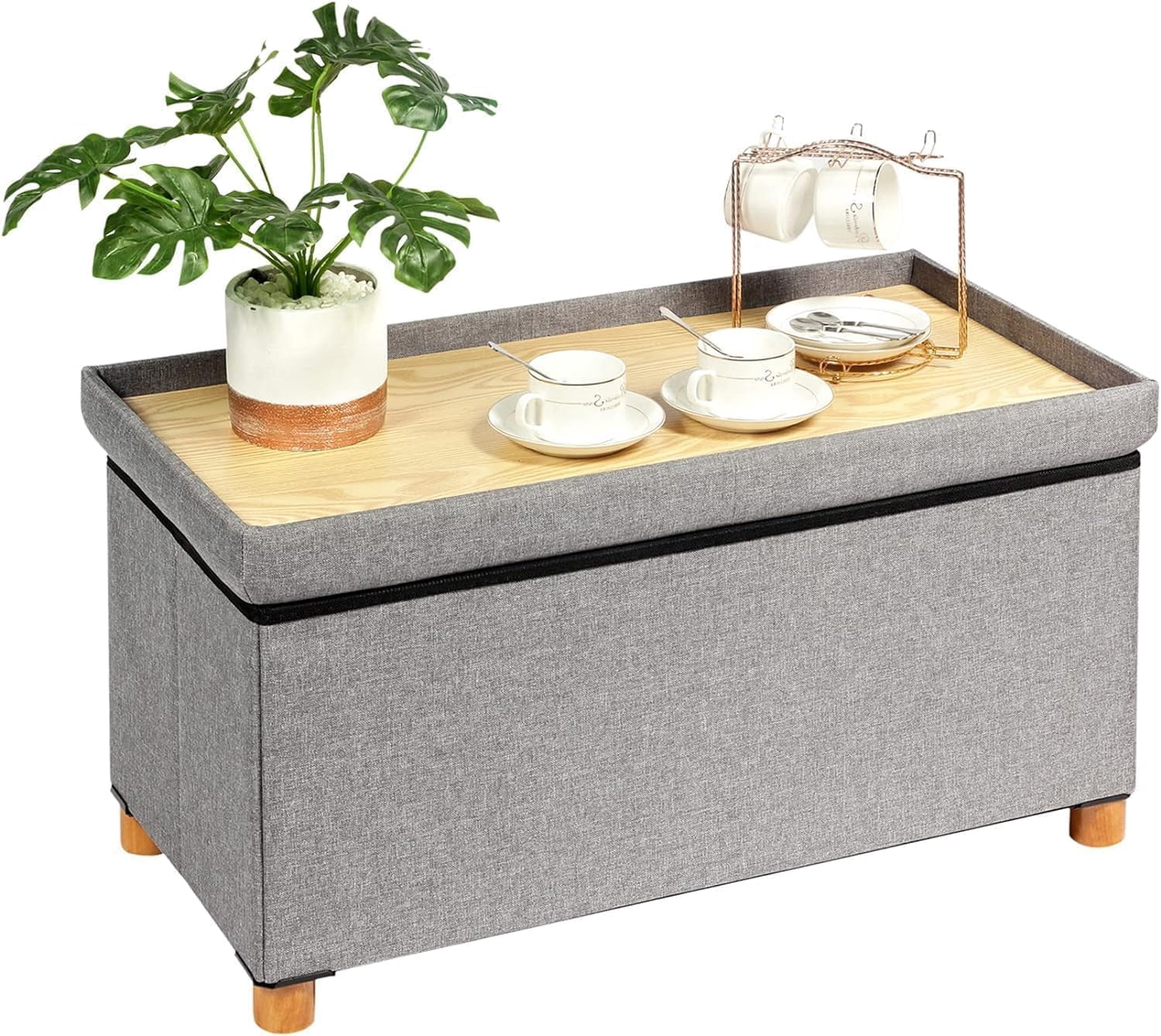 **ottoman with storage coffee table, grey footrest-stool linen toy ...
