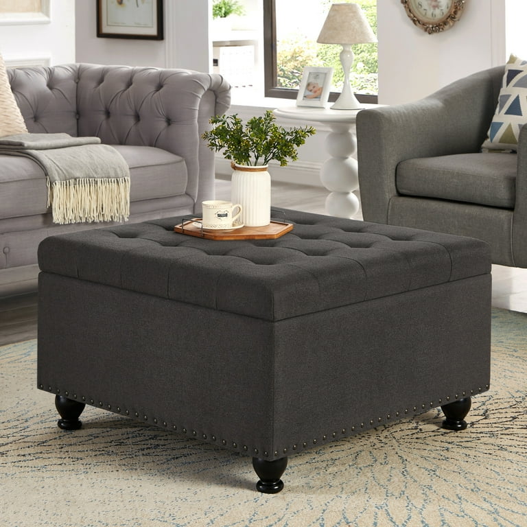 Dark Gray Large Square Ottoman with Storage Button Tufted Wooden Legs Walmart