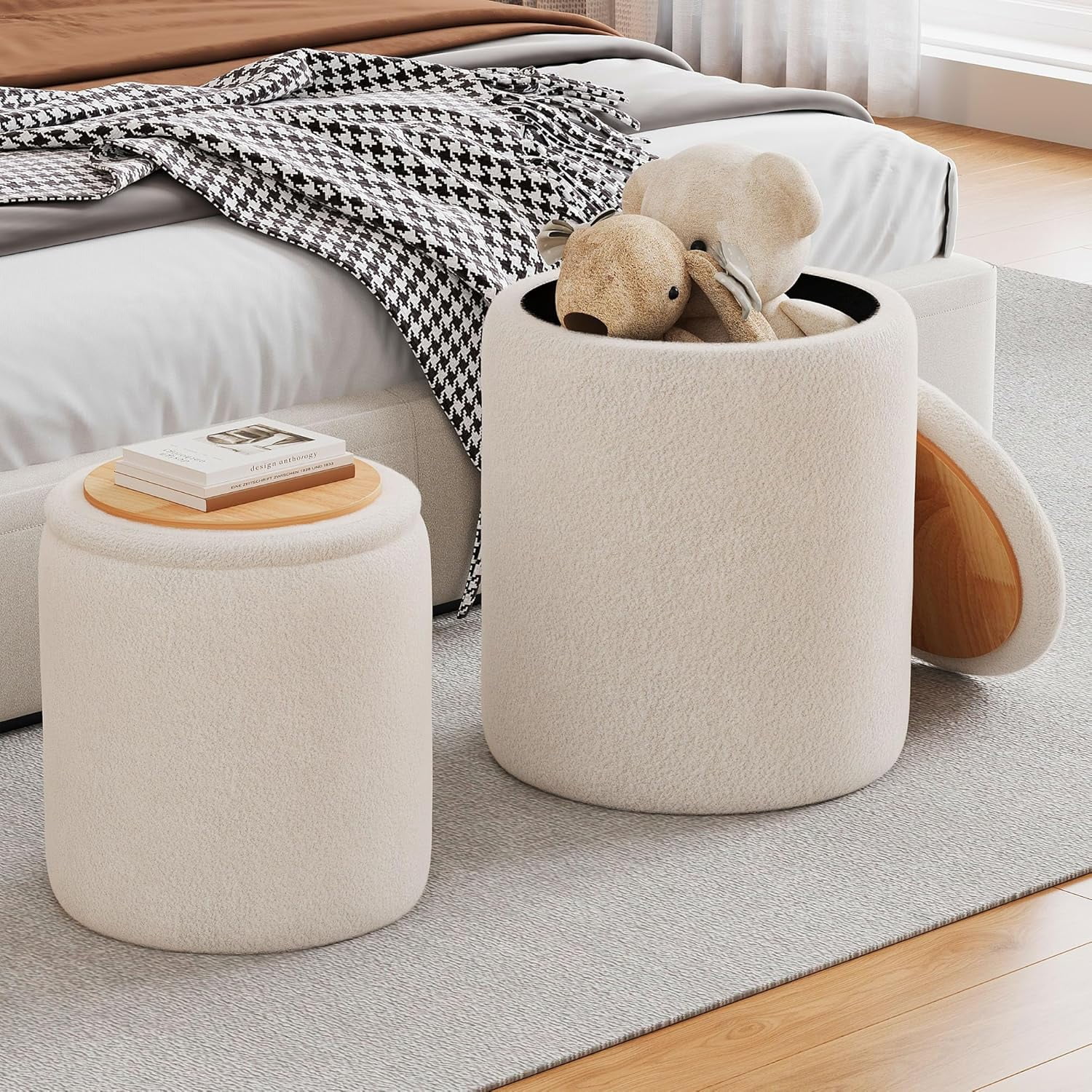 Ottoman with Storage Set of 2, Modern Round Pouf Foot Rest Ottoman ...