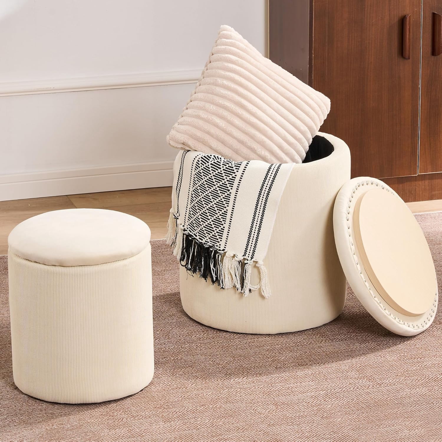 Ottoman with Storage Set of 2, Upholstered Corduroy Velvet Vanity Stool ...