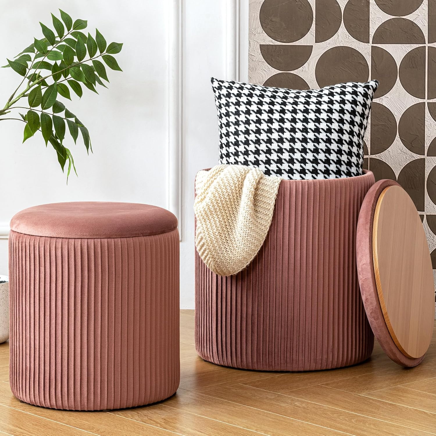 Ottoman with Storage Set of 2, Velvet Round Storage Ottoman ...