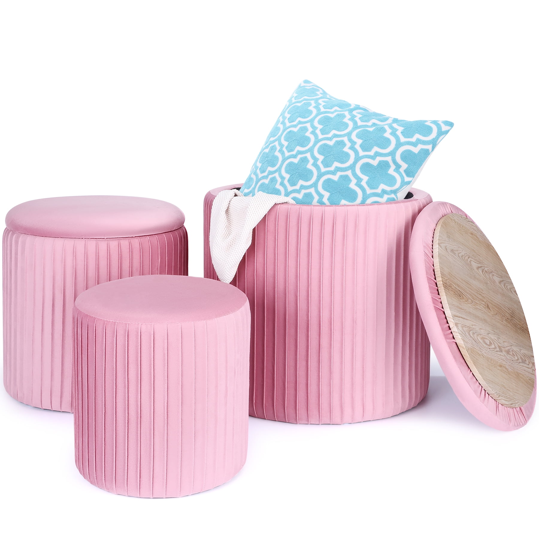 Ottoman with Storage Set of 3, Round Vanity Stools for Makeup Room ...