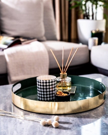 Ottoman Tray Round Decorative Tray Green Gold Metal Table Centerpiece ...