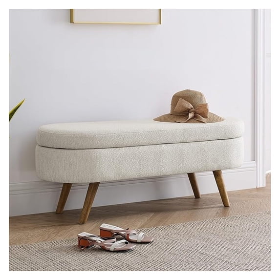 Ottoman with Storage , Linen Fabric Upholstered End of Bed Oval Storage ...