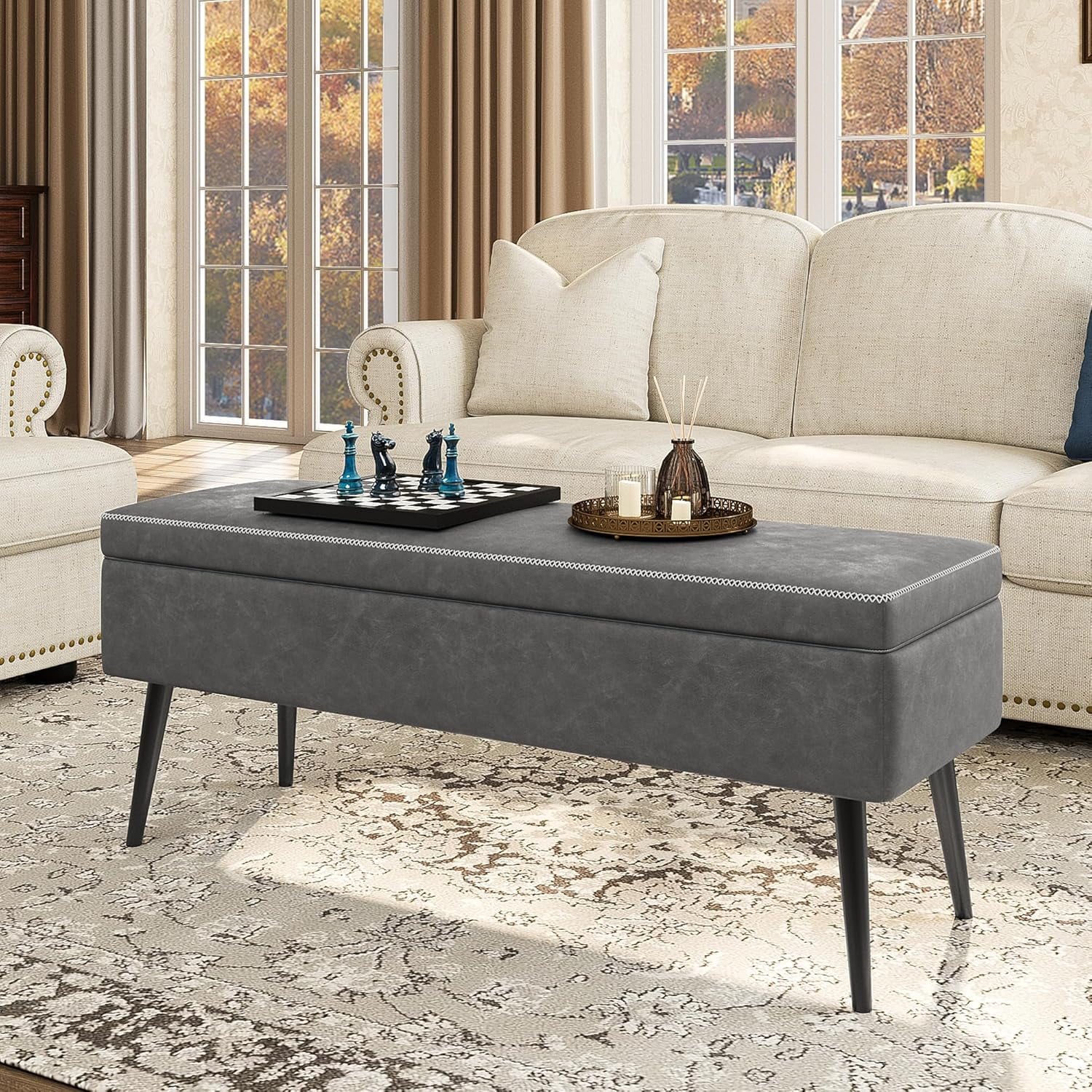 Ottoman with Storage, Mid-Century Modern Storage for Bedroom, Synthetic ...