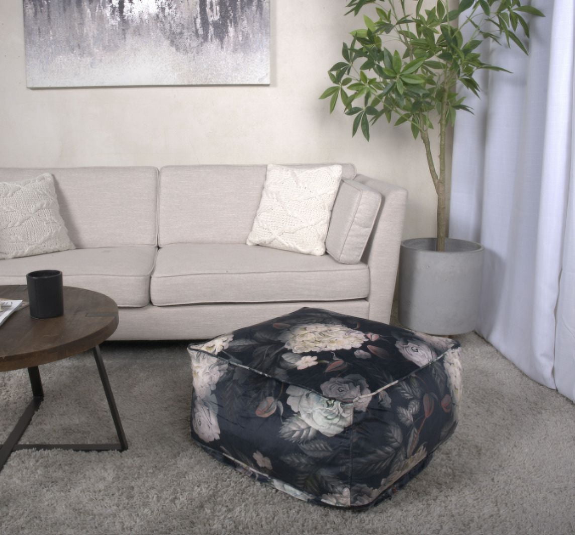 Ottomans With Storage, Hazel Large Square Pouf, Flower Print on Black ...