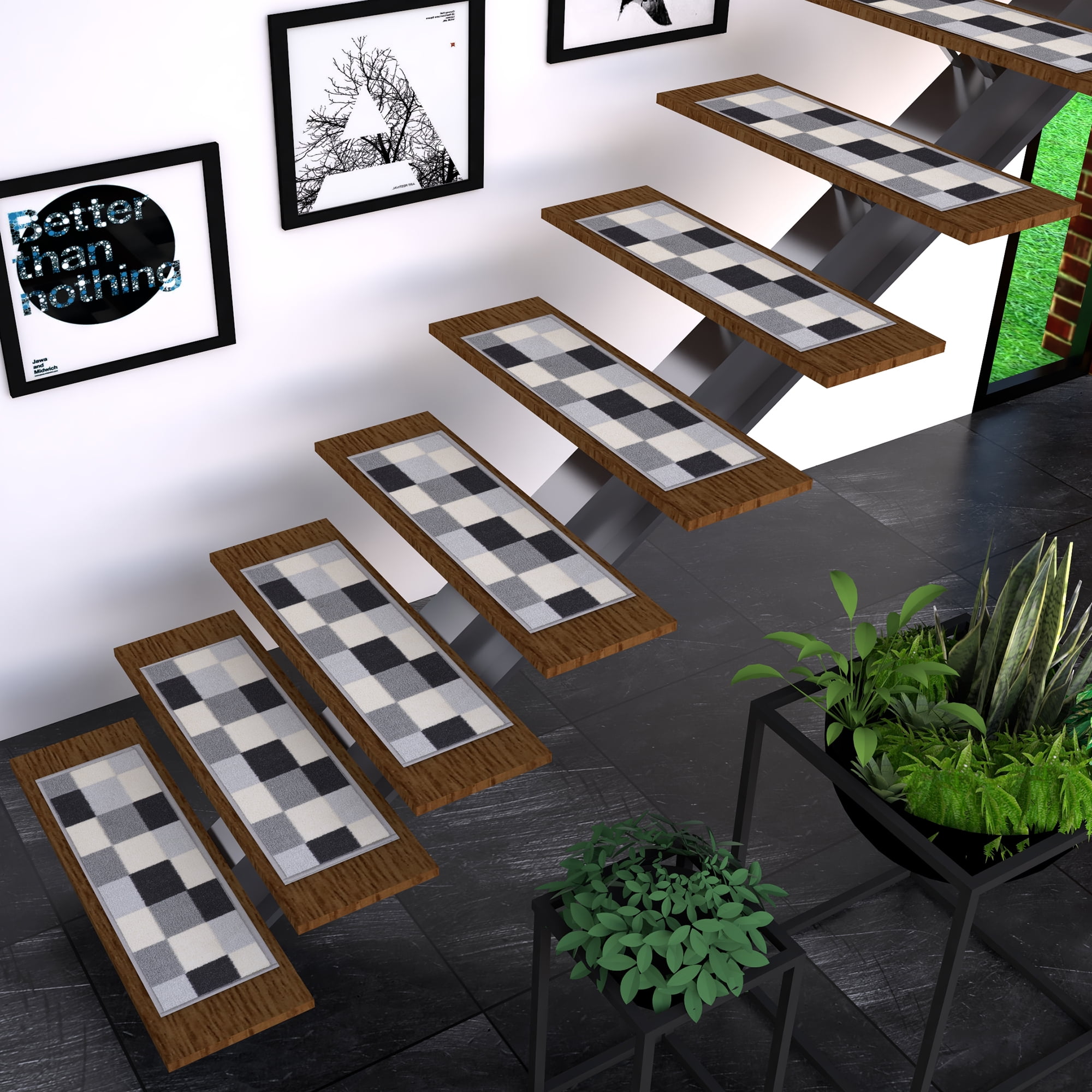 Ottomanson Non-Slip Rubberback Checkered 8.5" x 26" Indoor Stair Treads ...