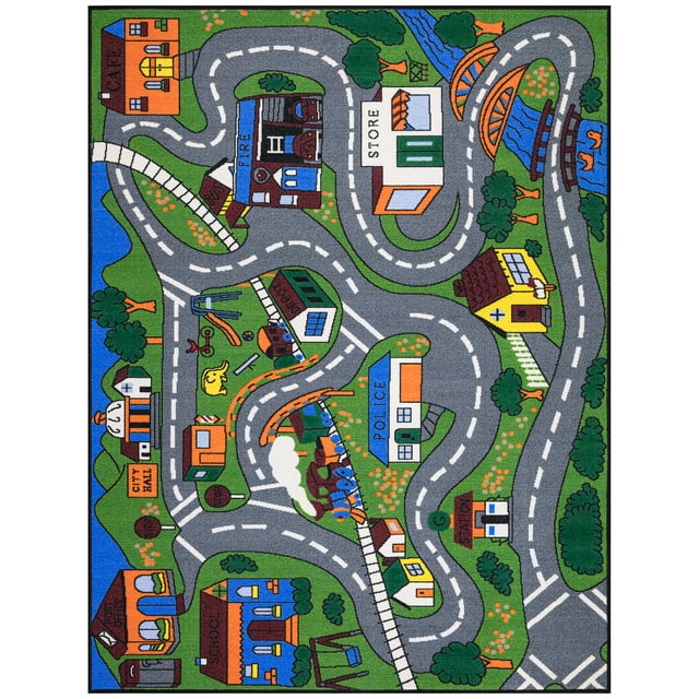 Ottomanson Machine Washable Non-Slip Rubberback Road Map 5x7 Kids Area ...