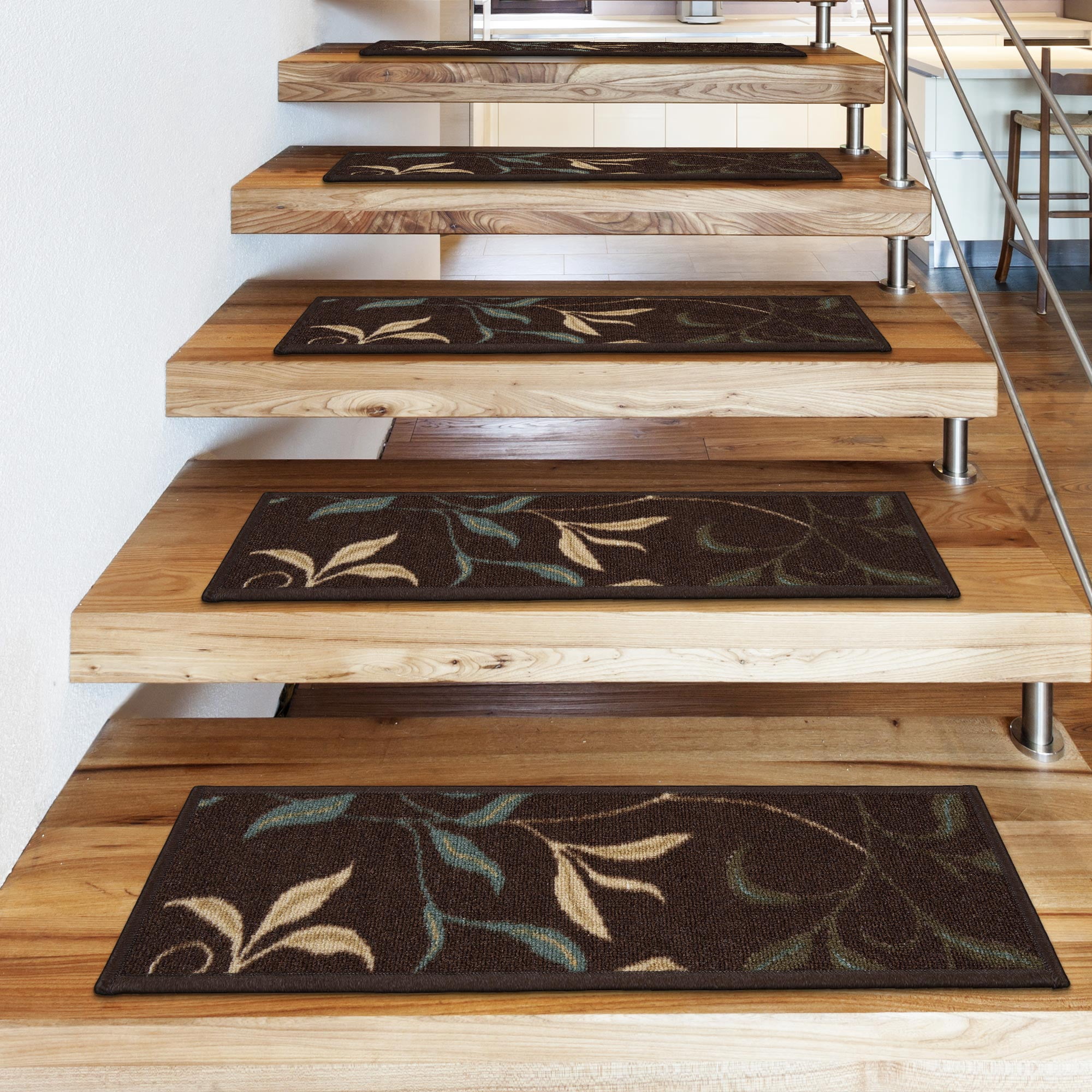 Ottomanson Non-Slip Rubberback Leaves 8.5" x 26" Indoor Stair Treads ...