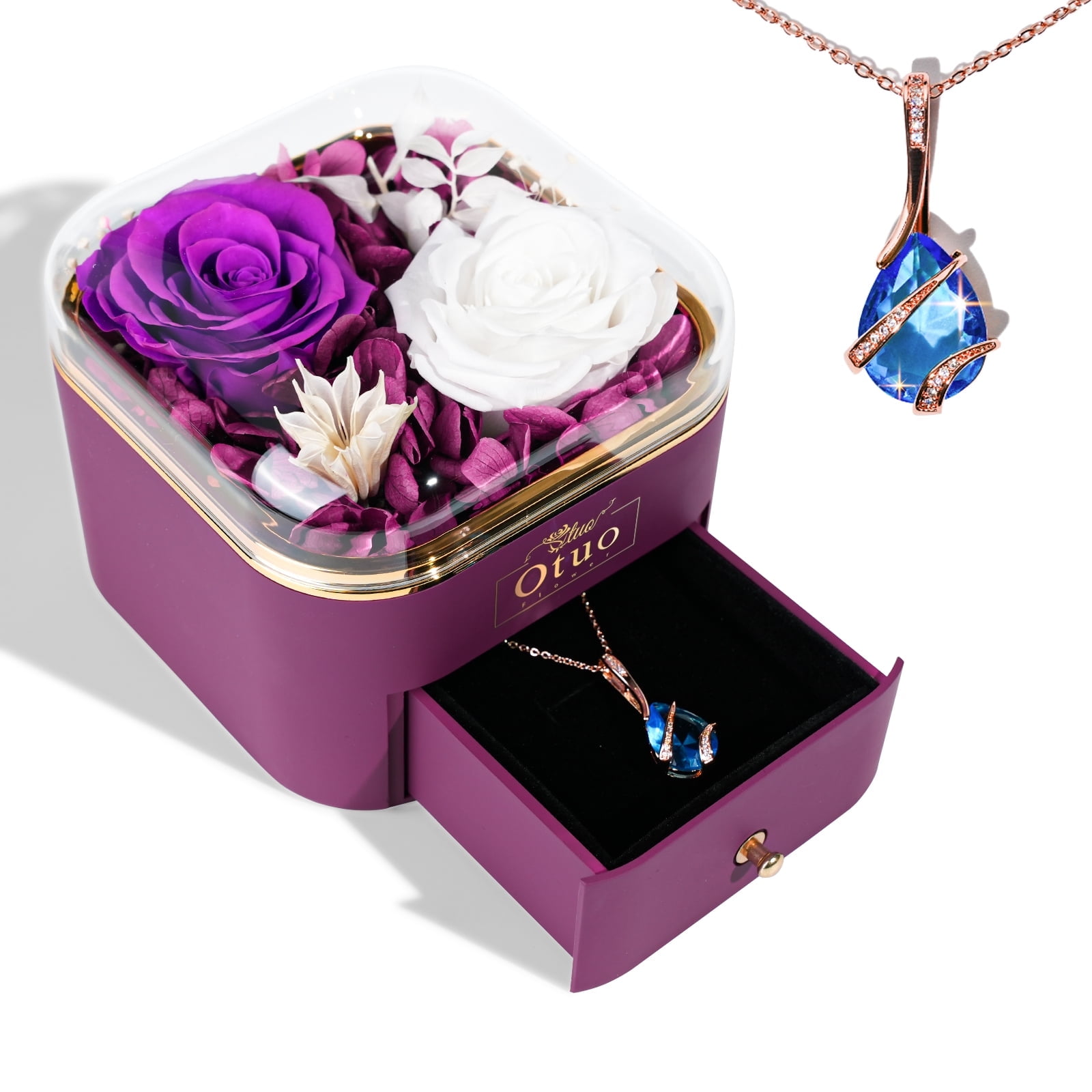 Otuo Preserved Real Rose Box with Necklace, Eternal Flowers Gifts for Girlfriend, Women, Mom ...