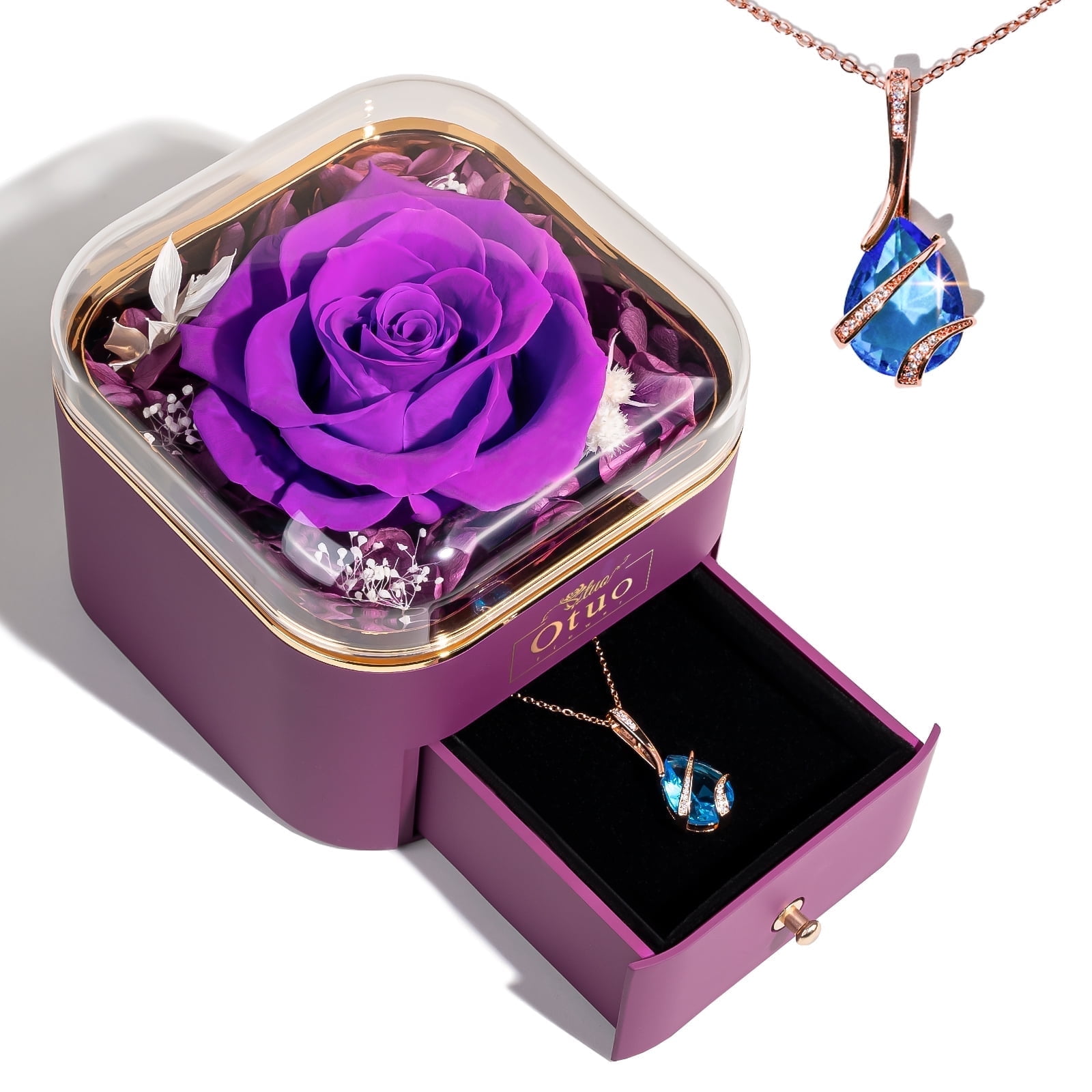 Otuo Preserved Roses Gift Jewerlry Box, Real Eternal Rose Flower with Necklace, Gifts for ...
