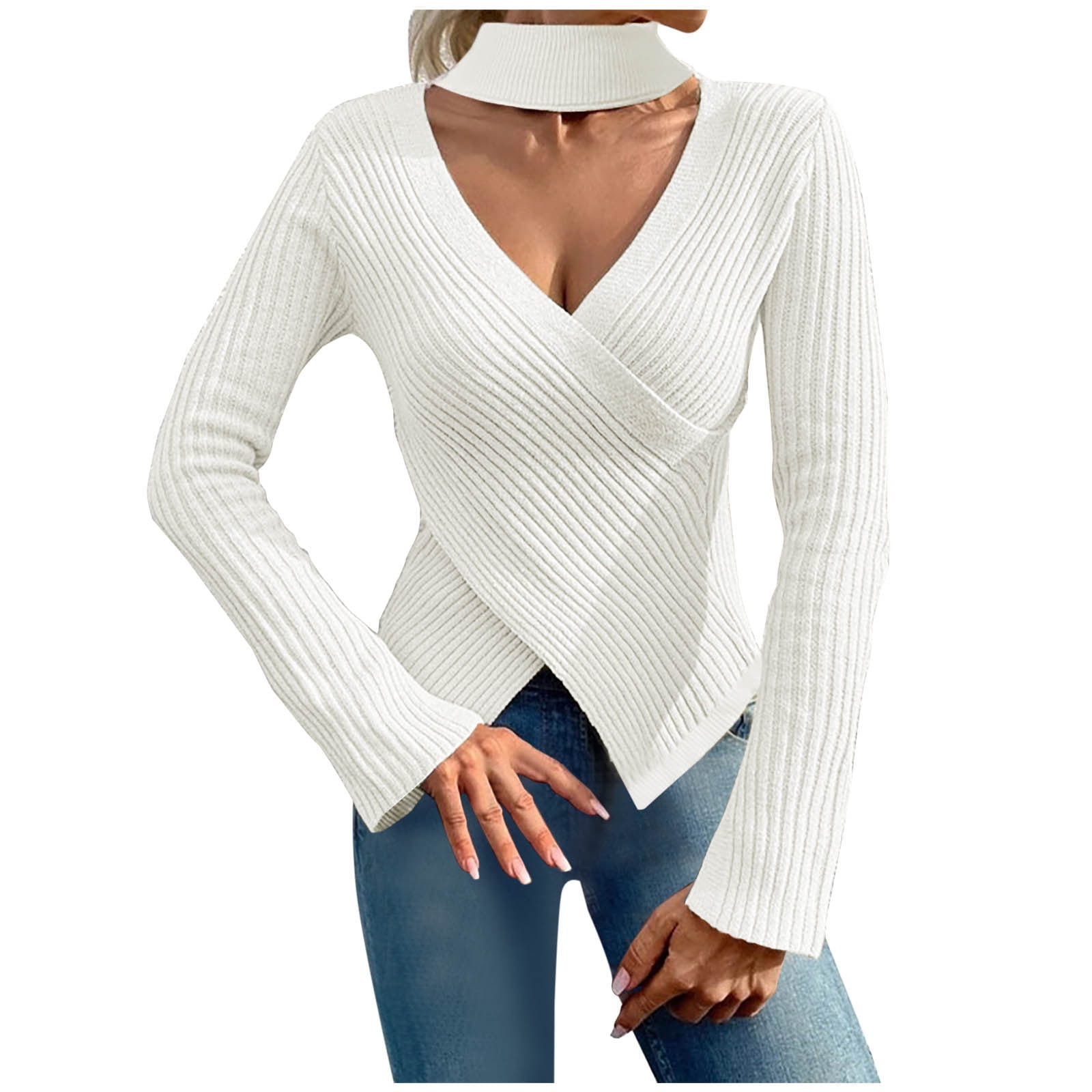 Otvok Winter Womens Tops Zipper Long Sleeve Solid Color Sweater ...