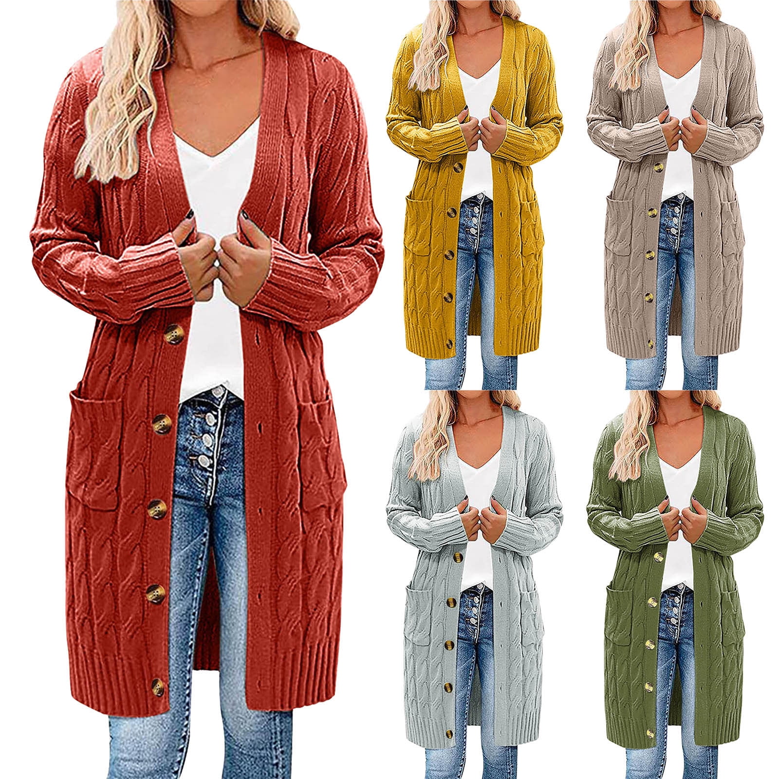 Otvok Womens Outerwear Clearance Cable Knit Long Cardigan Open Front ...