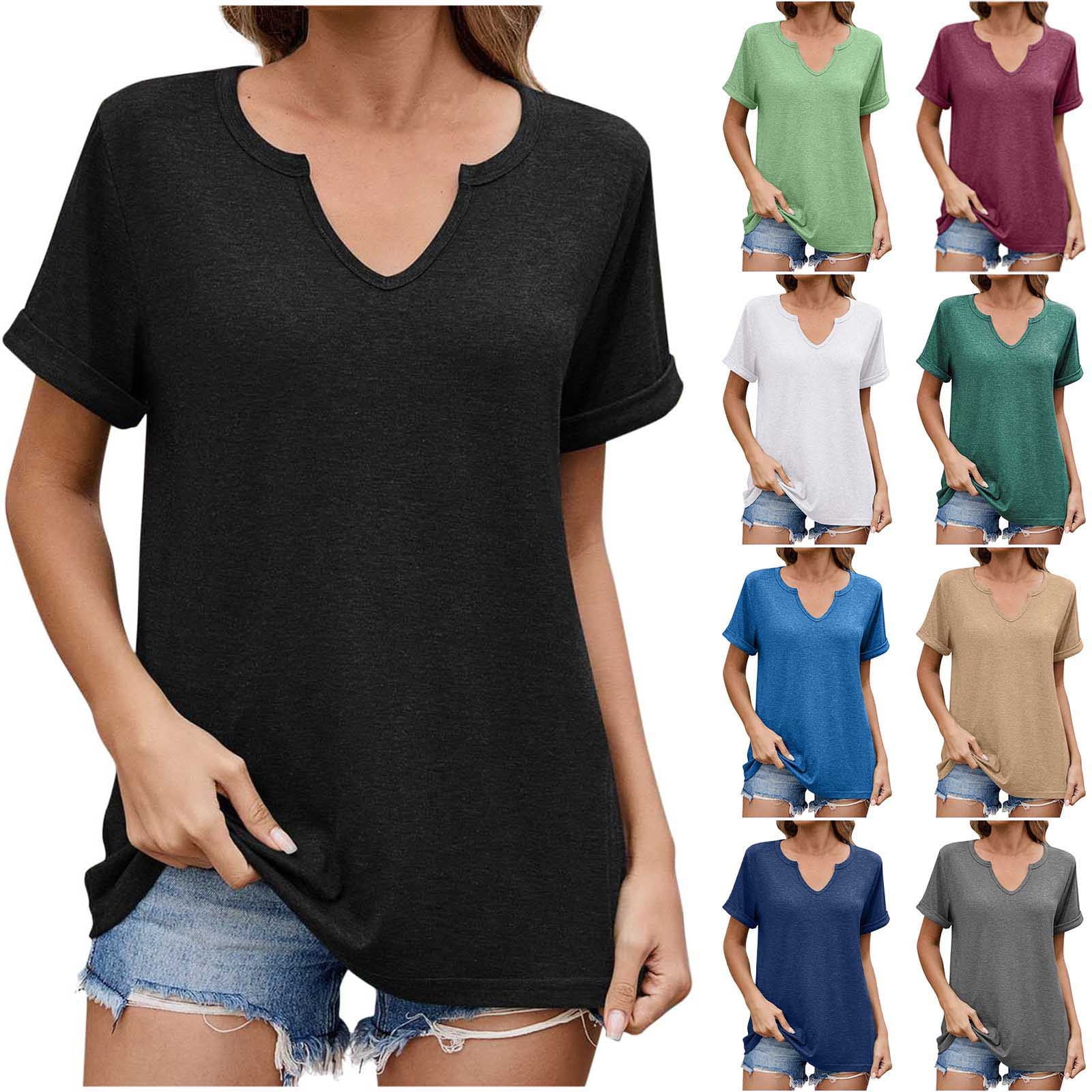 Otvok Womens Solid Color Tops V-Neck Short Sleeved T-Shirt for Summer ...