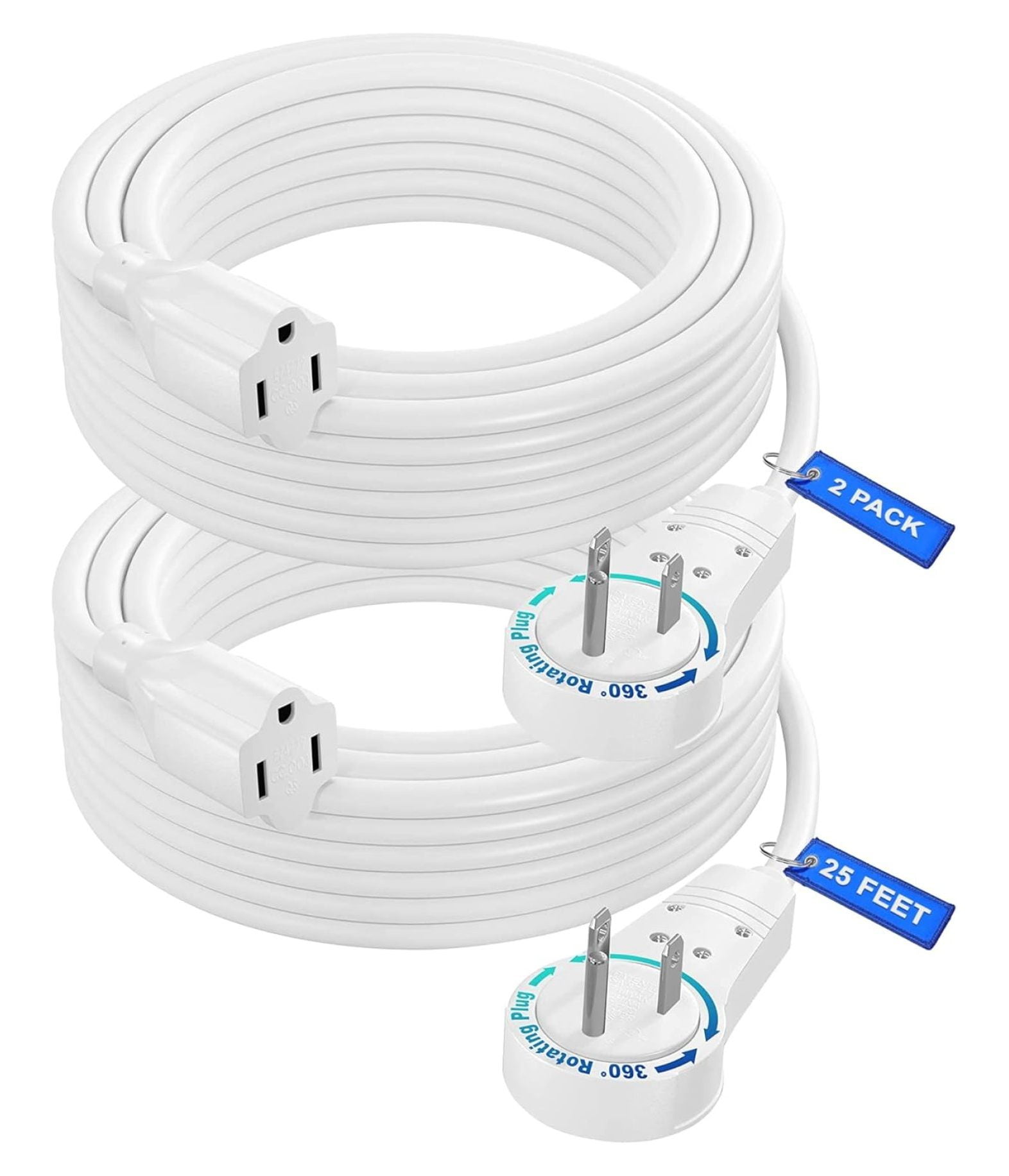 Ou yang fei Extension Cord 25 Feet White (2 Pack) Flat Plug, 360 ...