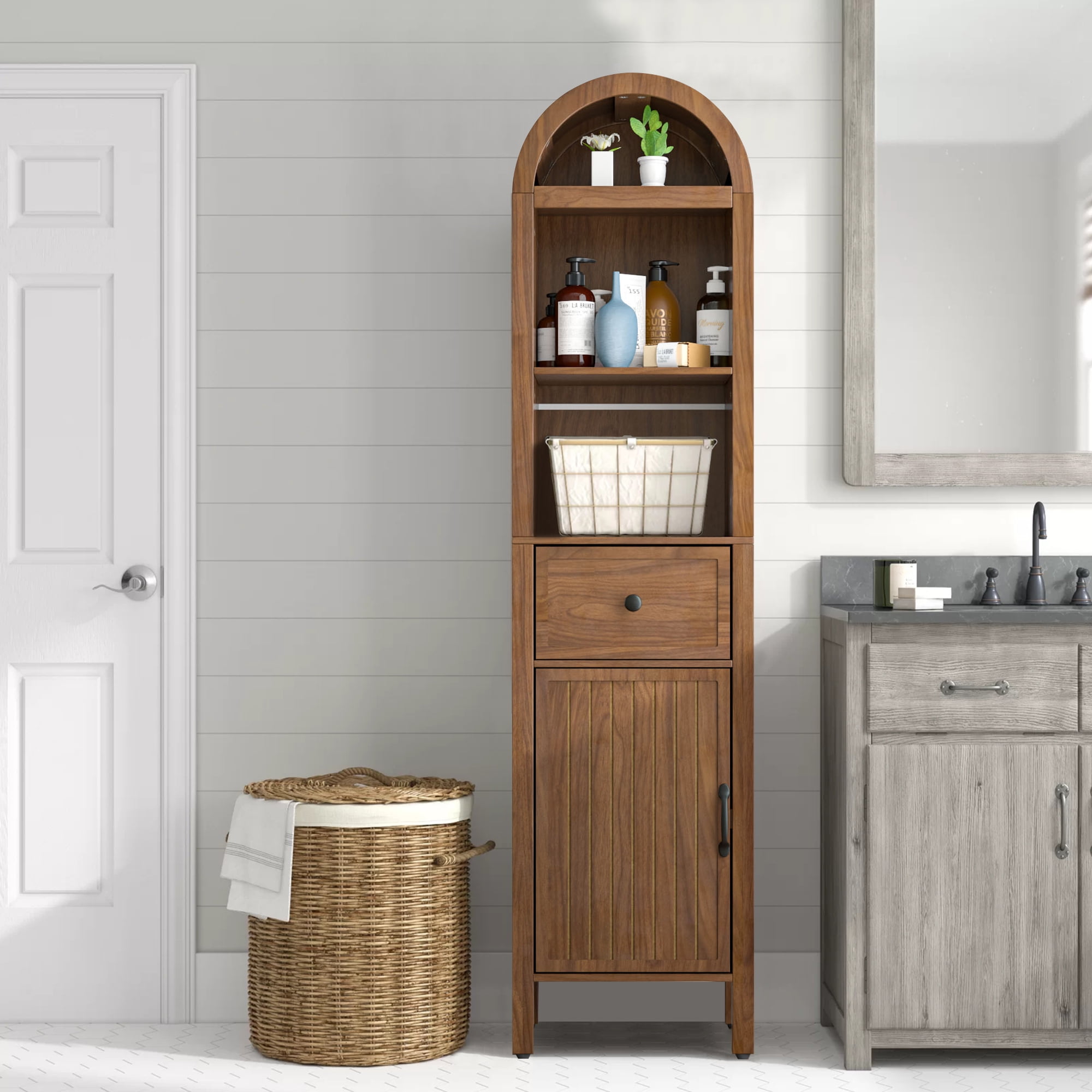 Oubayajia 64" Tall Bathroom Storage Cabinet, Narrow Tall Arched Linen ...