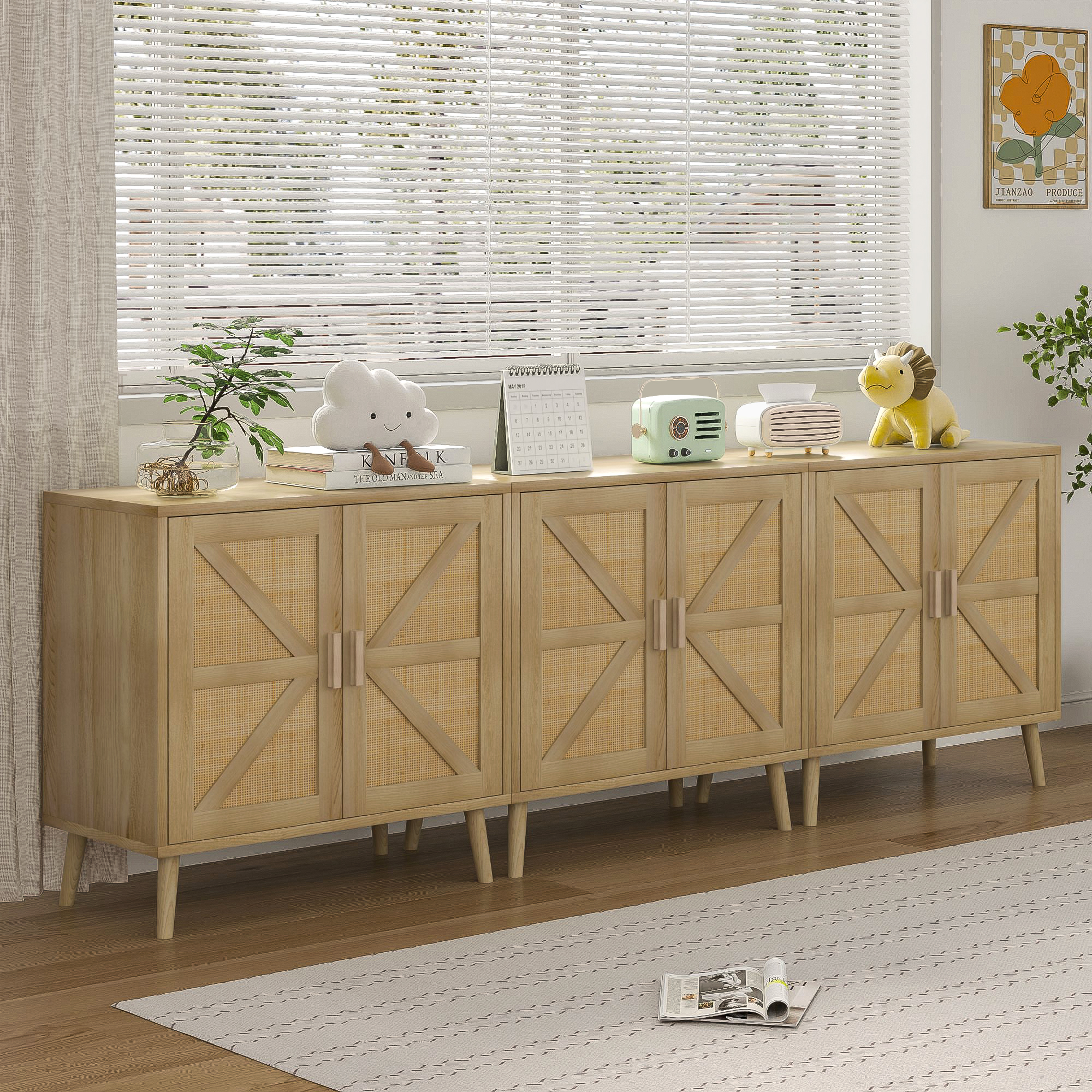 Oubayajia Rattan Barn Door Sideboard Storage Cabinet with Adjustable ...