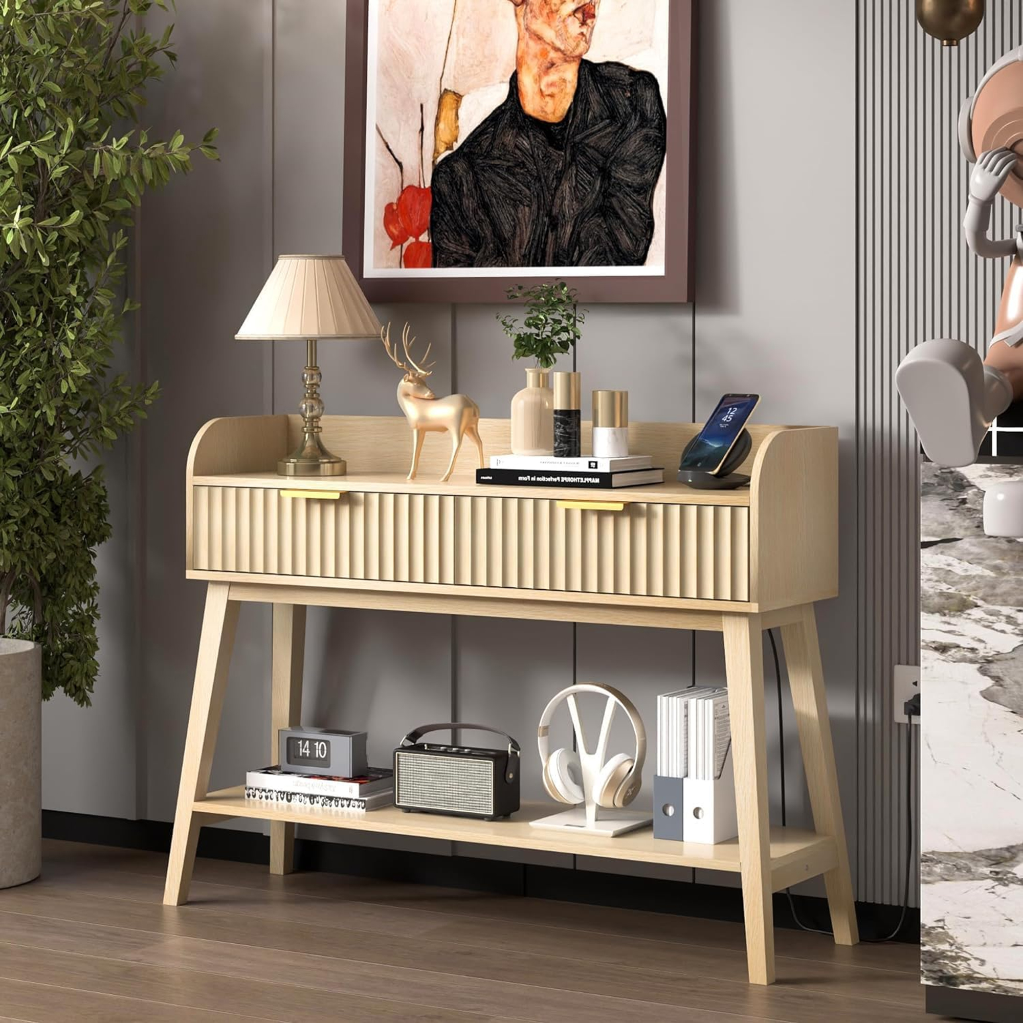 DecorTech Industrial Rectangular Wood Console Table with AC Power and ...