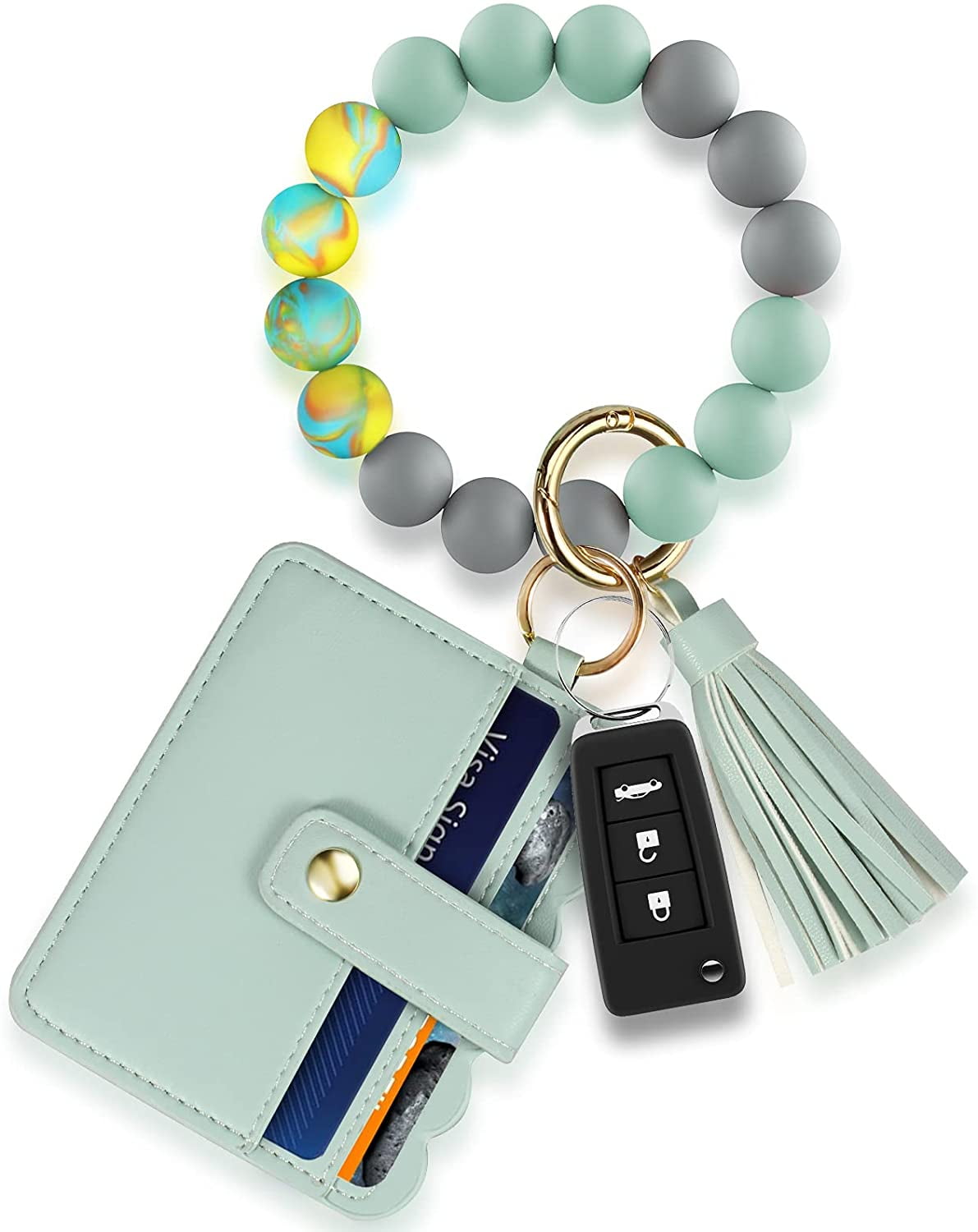 Ouber Women Keychain Bracelet Wristlet with Card Wallet Silicone Beaded ...