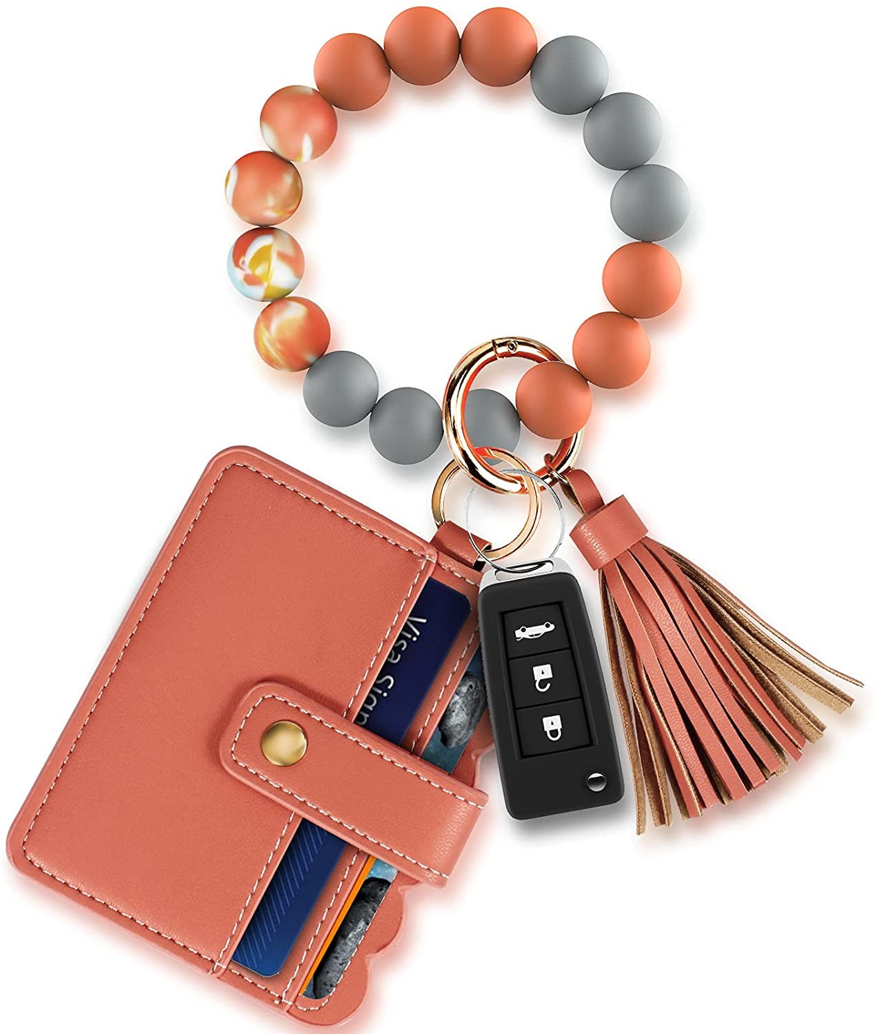 Ouber Women Keychain Bracelet Wristlet with Card Wallet Silicone Beaded ...