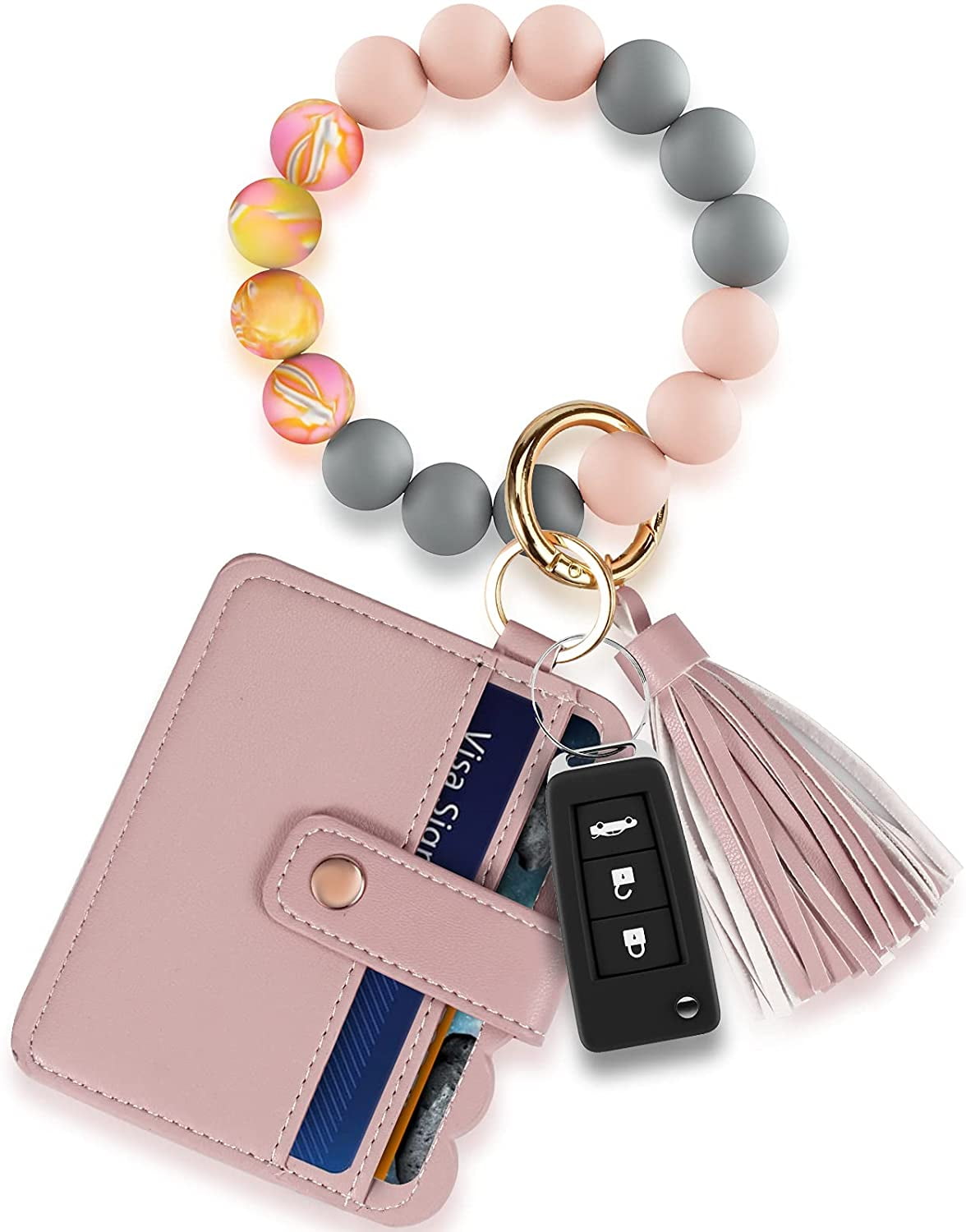 Ouber Women Keychain Bracelet Wristlet with Card Wallet Silicone Beaded ...
