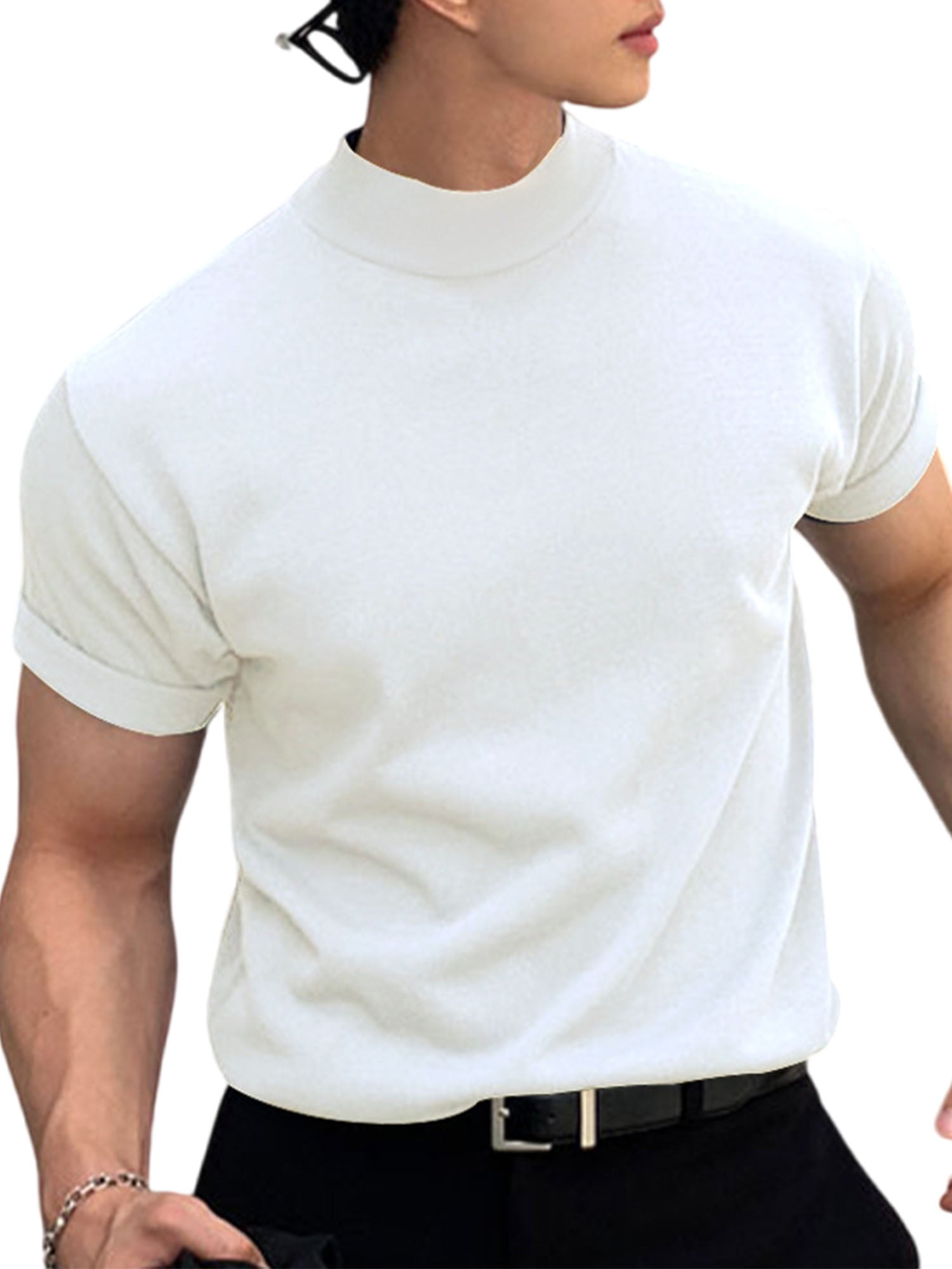 Oucaili Men T-shirt Short Sleeve T Shirts High Neck Summer Tops Casual ...