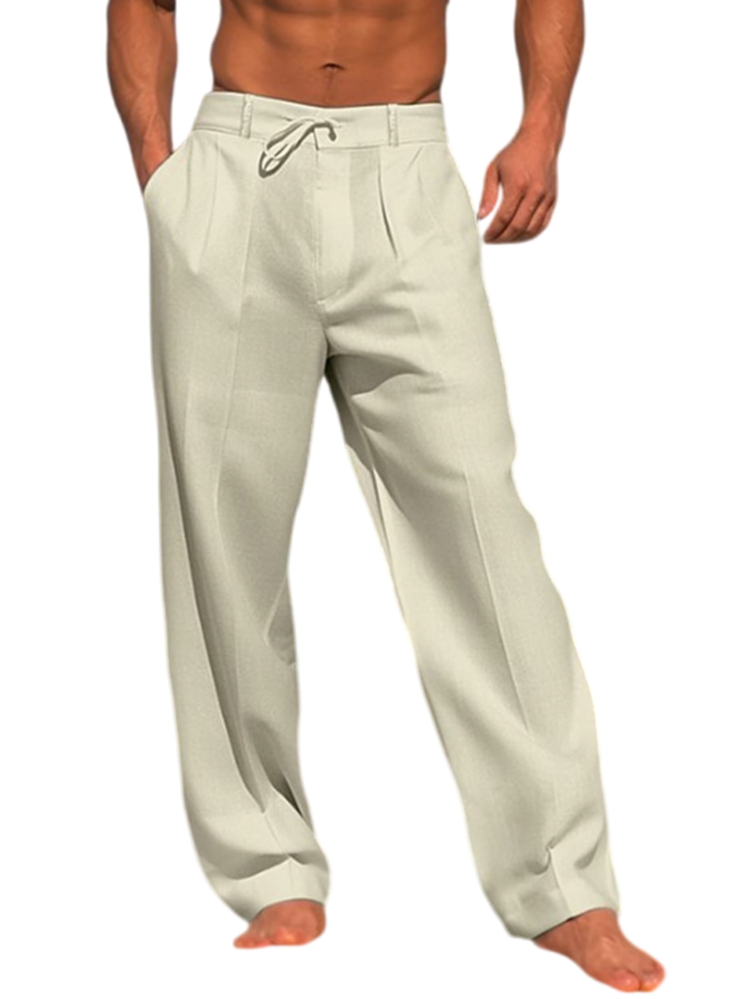 Oucaili Men's Beach Pants Drawstring Slacks Elastic Waist Linen ...