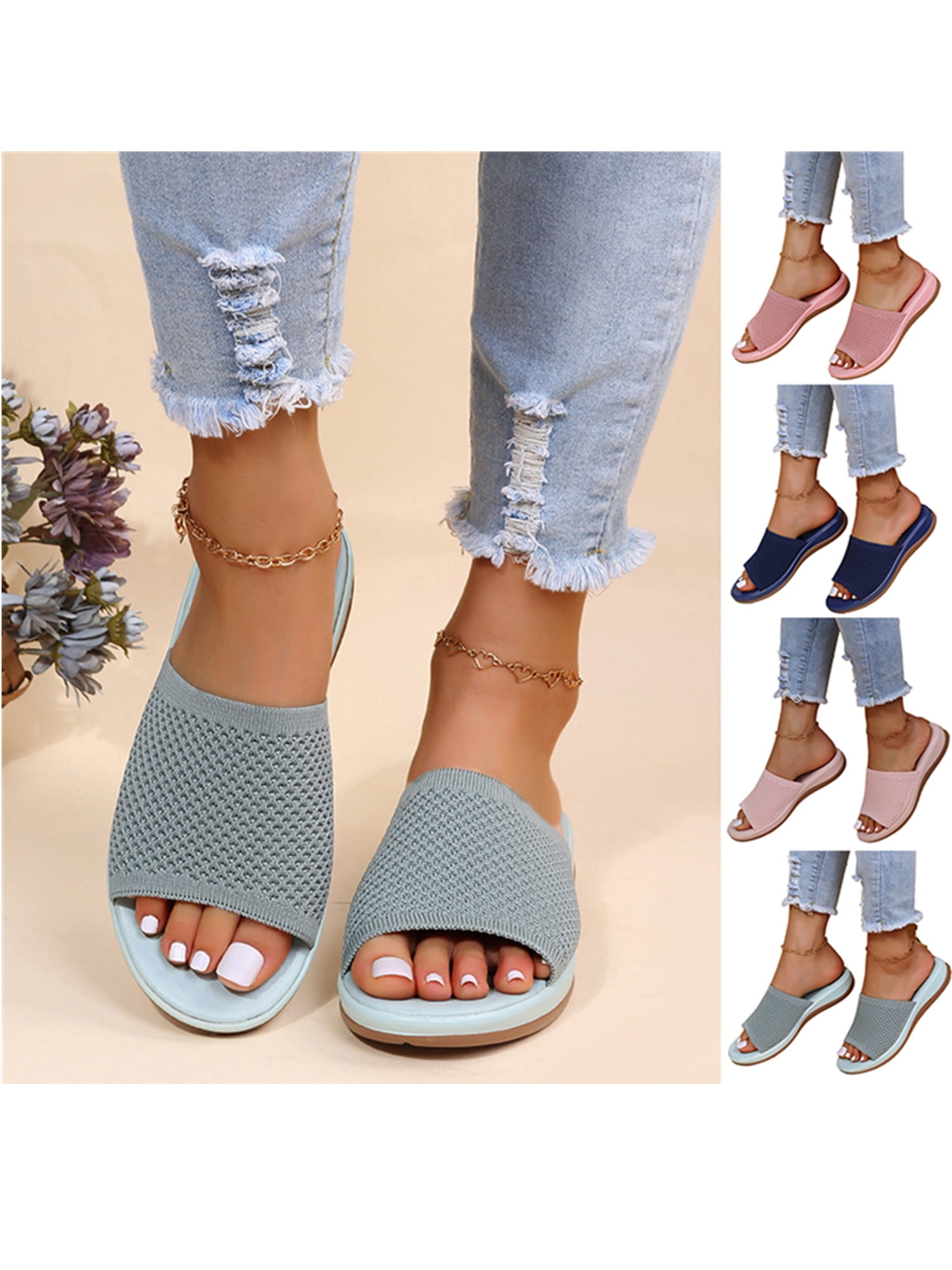 Oucaili Slides for Women Summer Wide Width Sandals Mesh Cloth ...