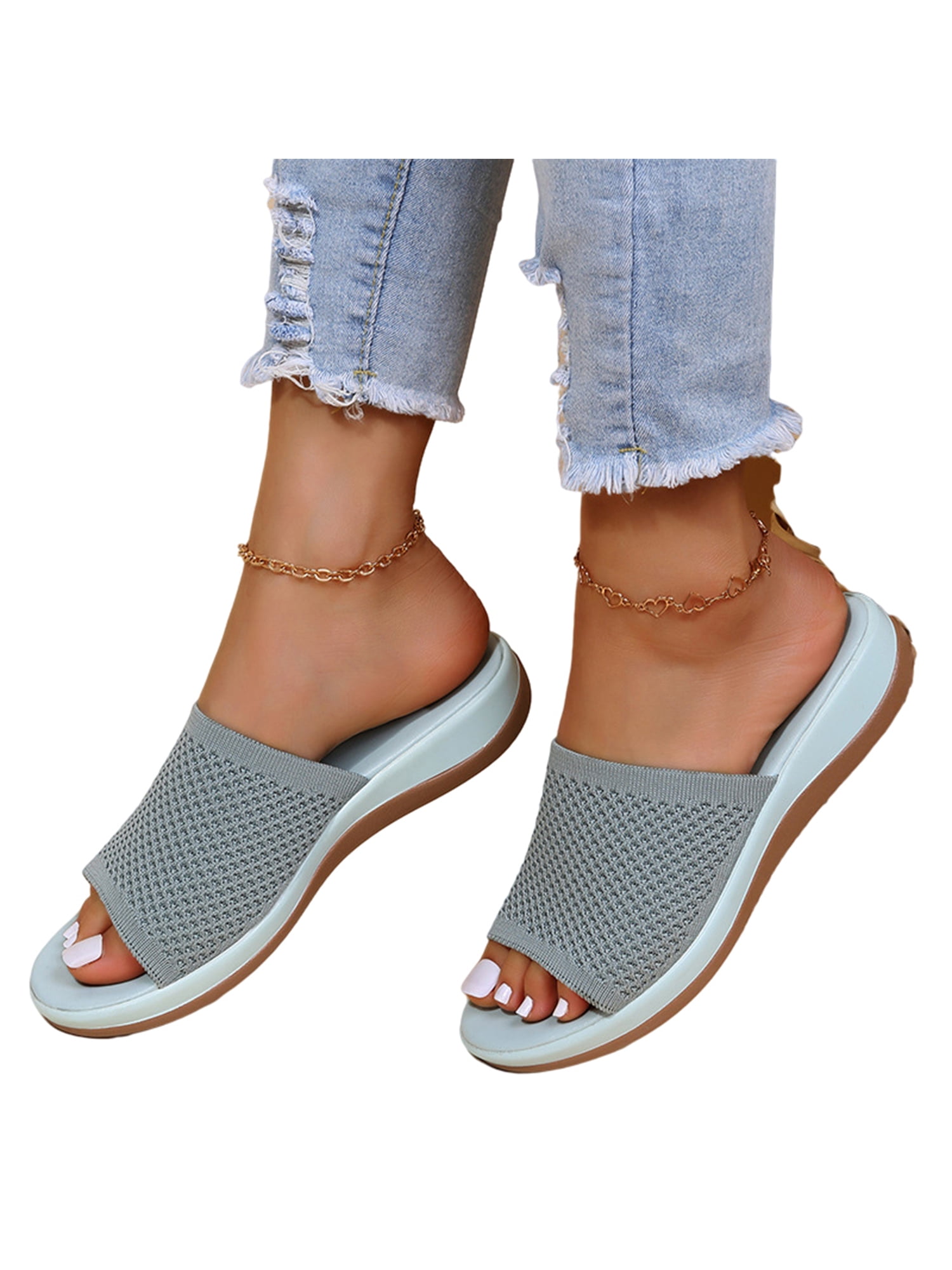 Oucaili Slides for Women Summer Wide Width Sandals Mesh Cloth ...