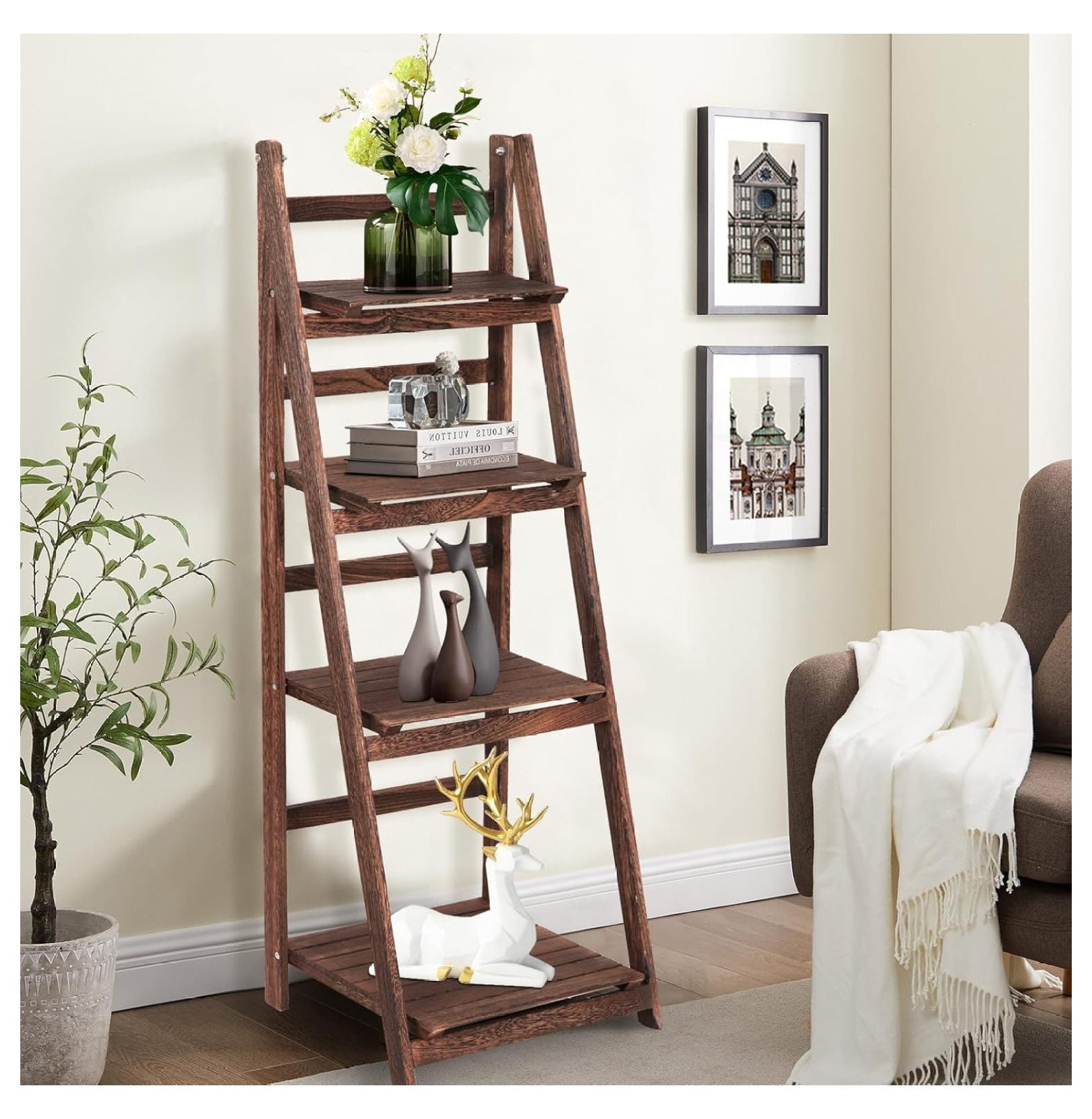 OuchTek Wood Ladder Shelf Plant Shelves for Plants 4 Tier Ladder ...