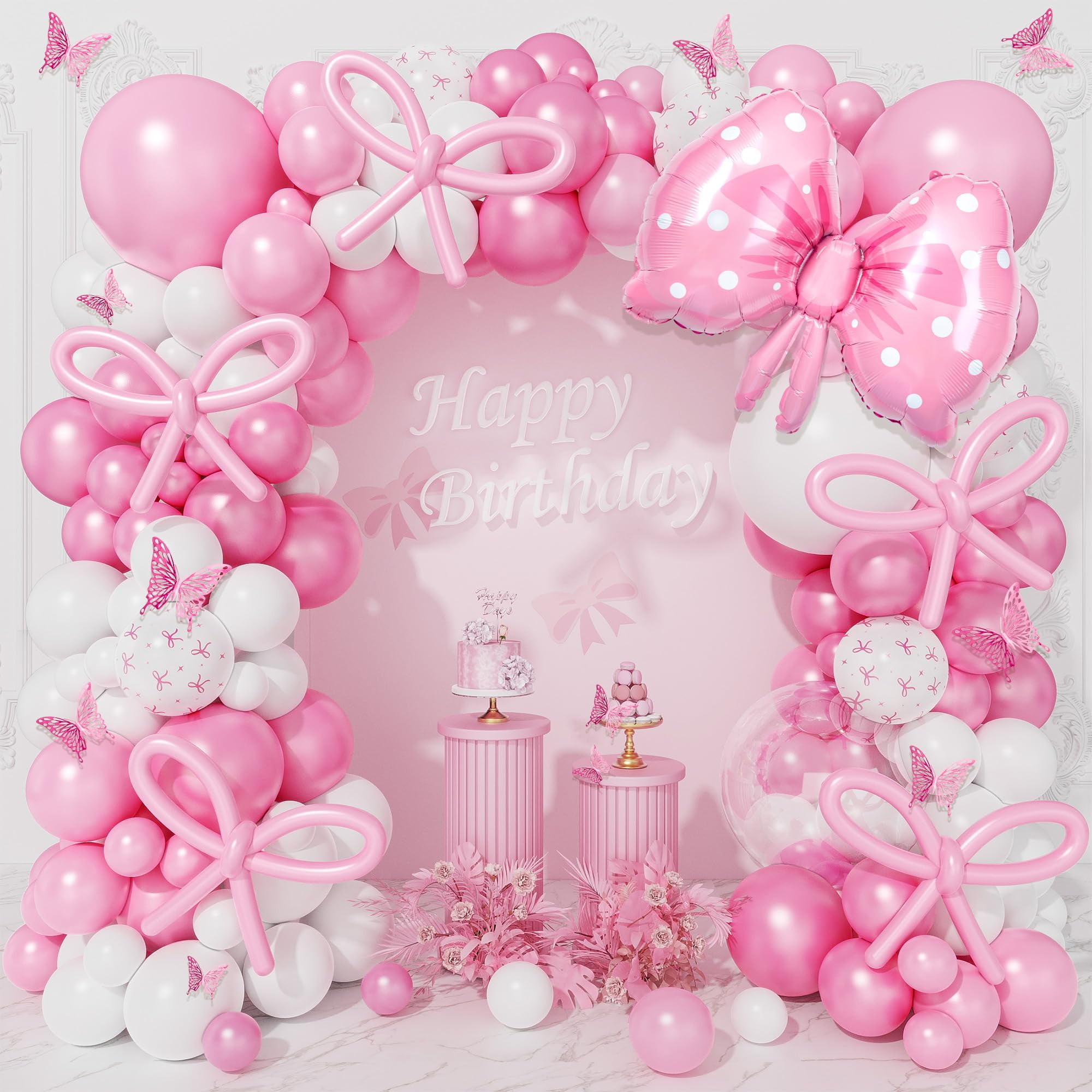 Ouddy Life 166Pcs Pink Bow Balloon AFN1Arch Kit, Pink Bow White Long ...
