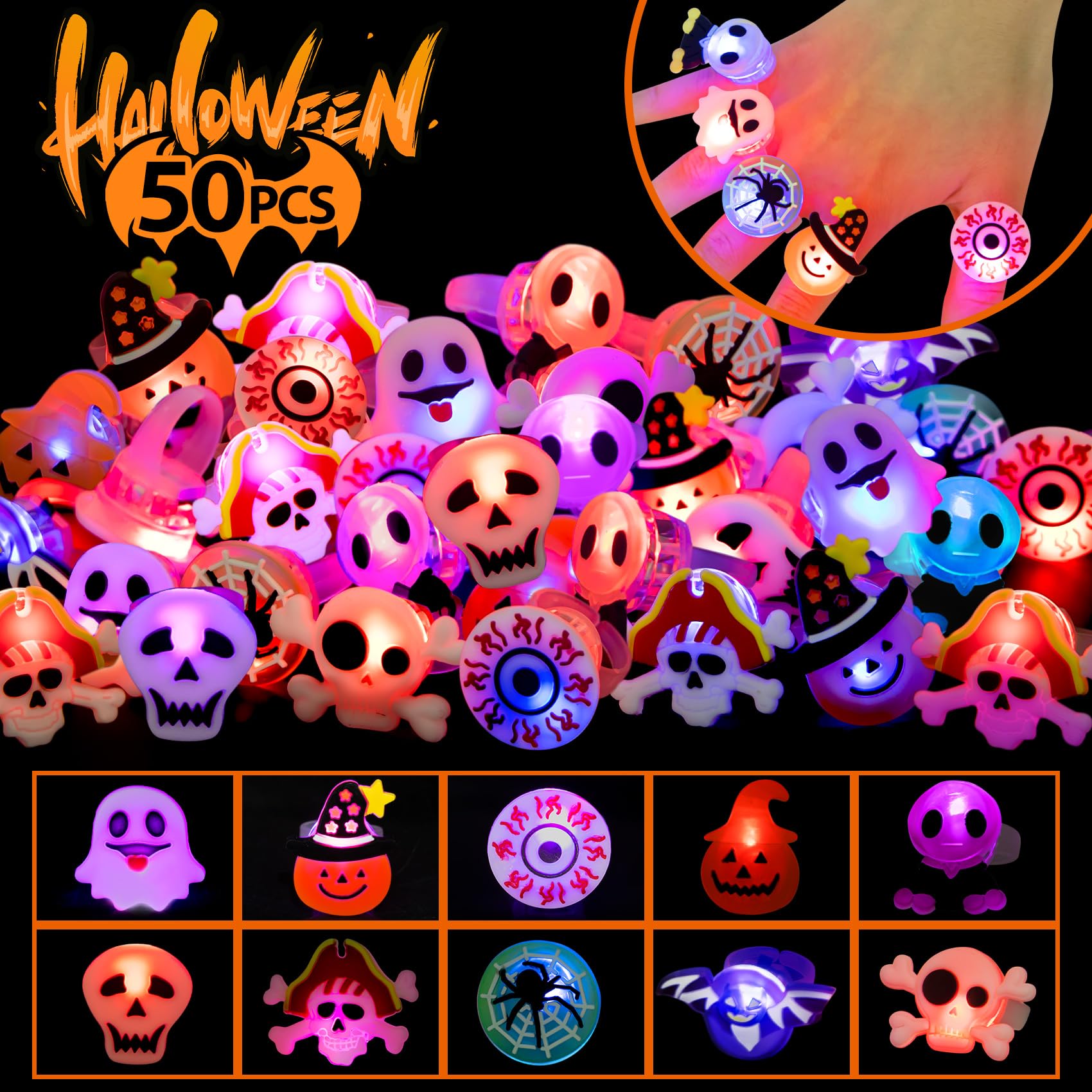 Ouddy Life 50Pcs Halloween Light up Rings for Kids, Glow in the Dark ...