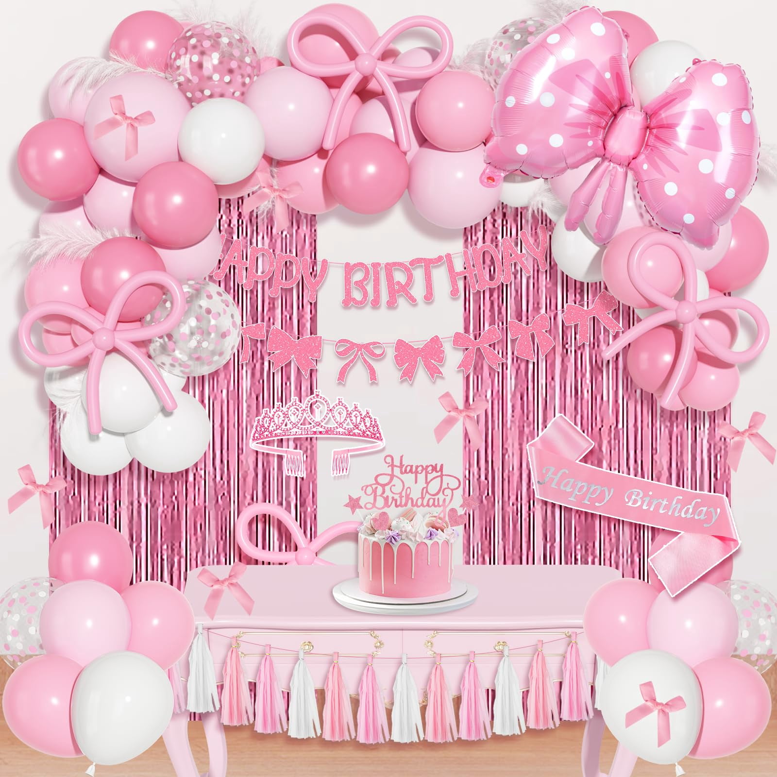 Ouddy Life Pink Bow Birthday Decorations, SMRCoquette Themed with Light ...