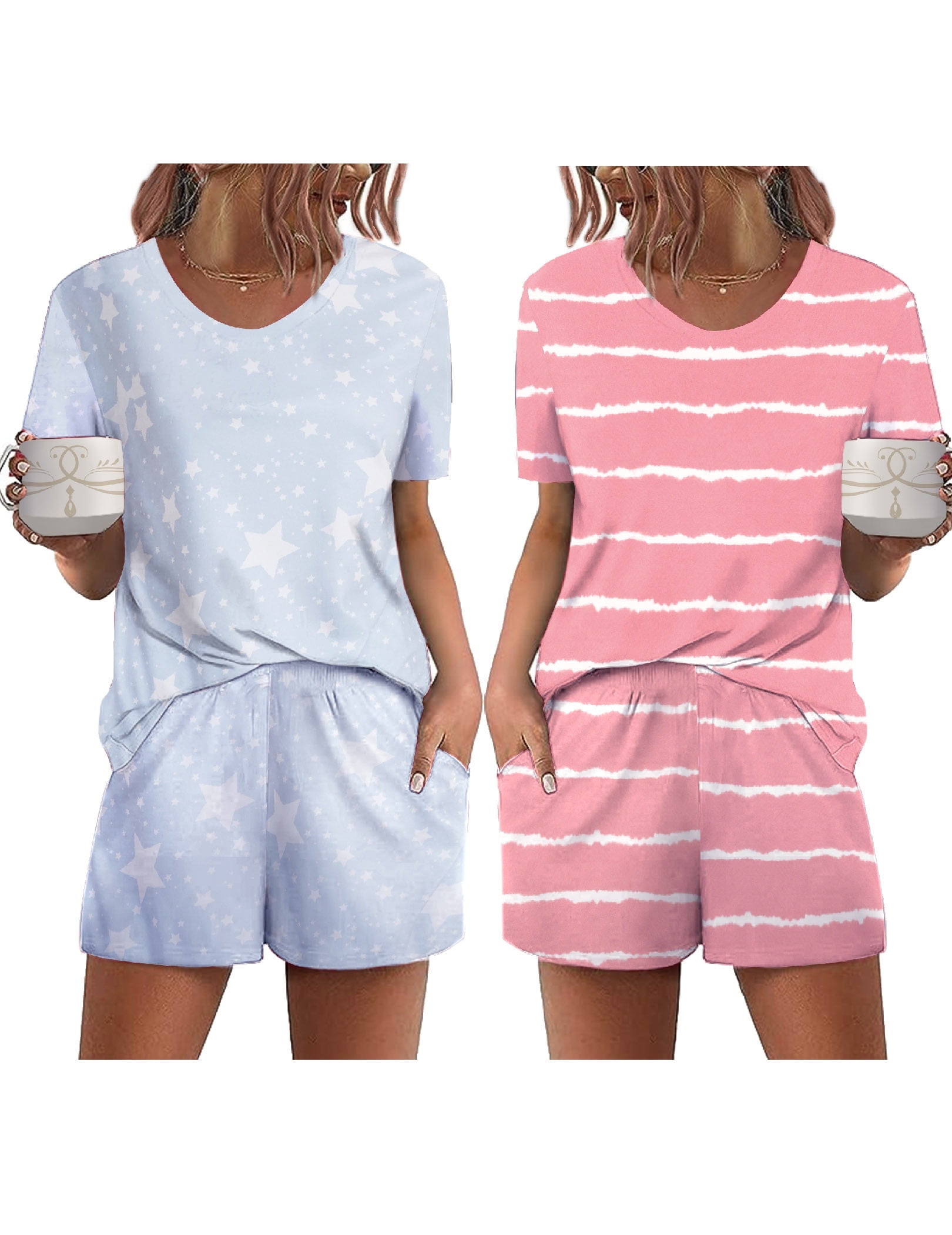 Oudiya 2 Pack Pajamas Short Sleeve Top with Shorts Sets Comfy Pjs ...