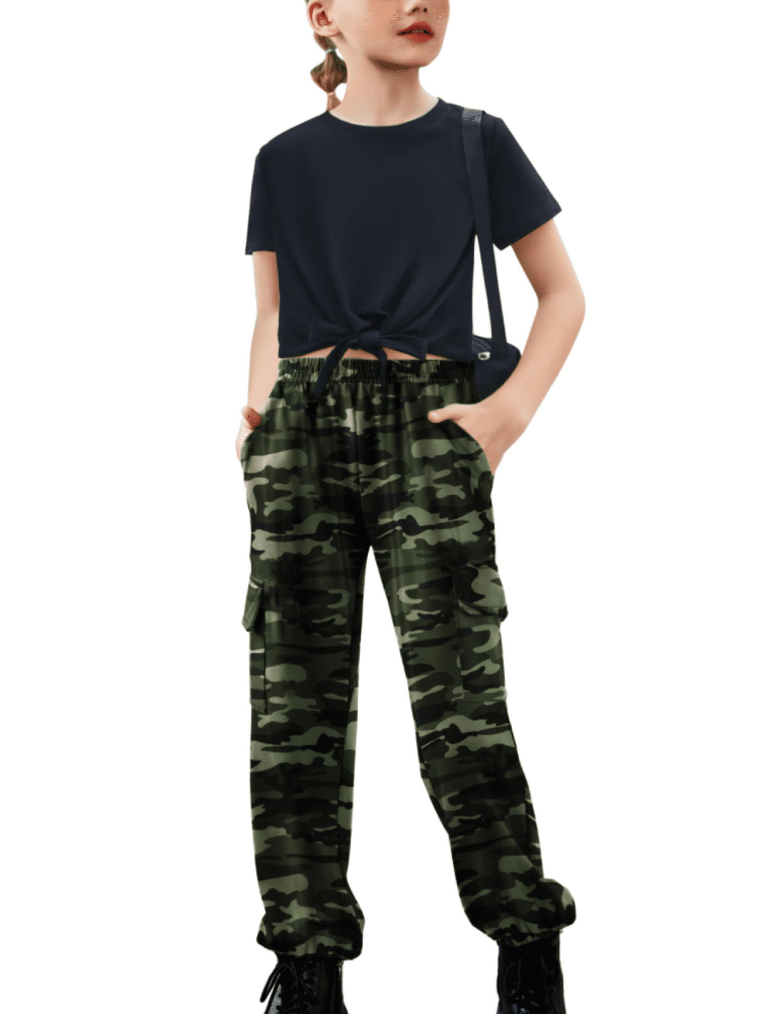Oudiya Girls 2 Piece Outfits Short Sleeve Tie Knot Crop Tops and Cargo ...