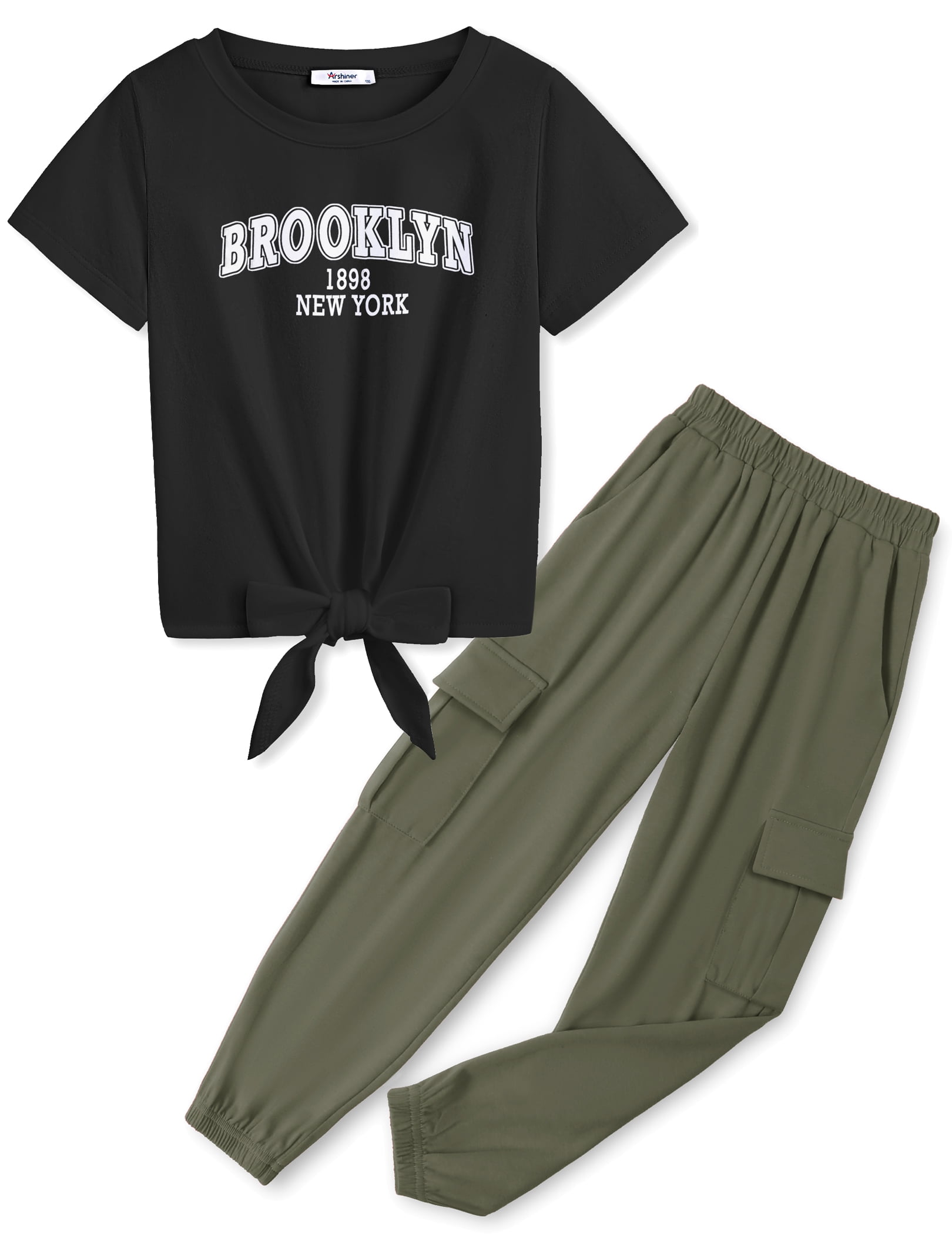 Oudiya Girls 2 Piece Outfits Short Sleeve Tie Knot Crop Tops and Cargo ...