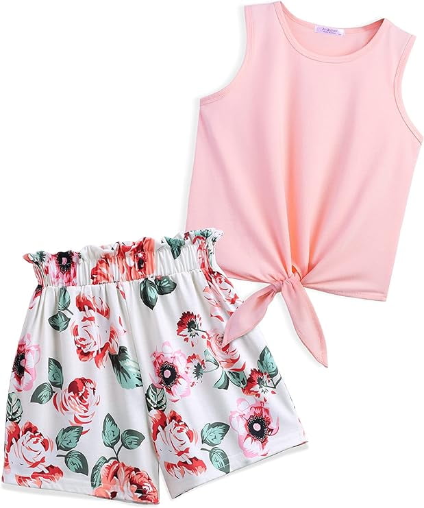 Oudiya Girls 2 Piece Outfits Tie Knot Crop Top and Paperbag Waist ...