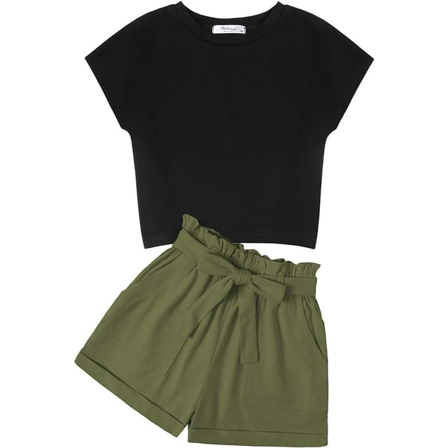 Oudiya Girls 2 Piece Summer Outfit Drop Shoulder Batwing Sleeve Tops ...