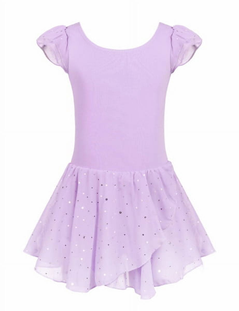 Oudiya Girls Ballet Dress, Ruffle Sleeve, Shiny Tutu Skirt, Lilac, 6-7Y ...