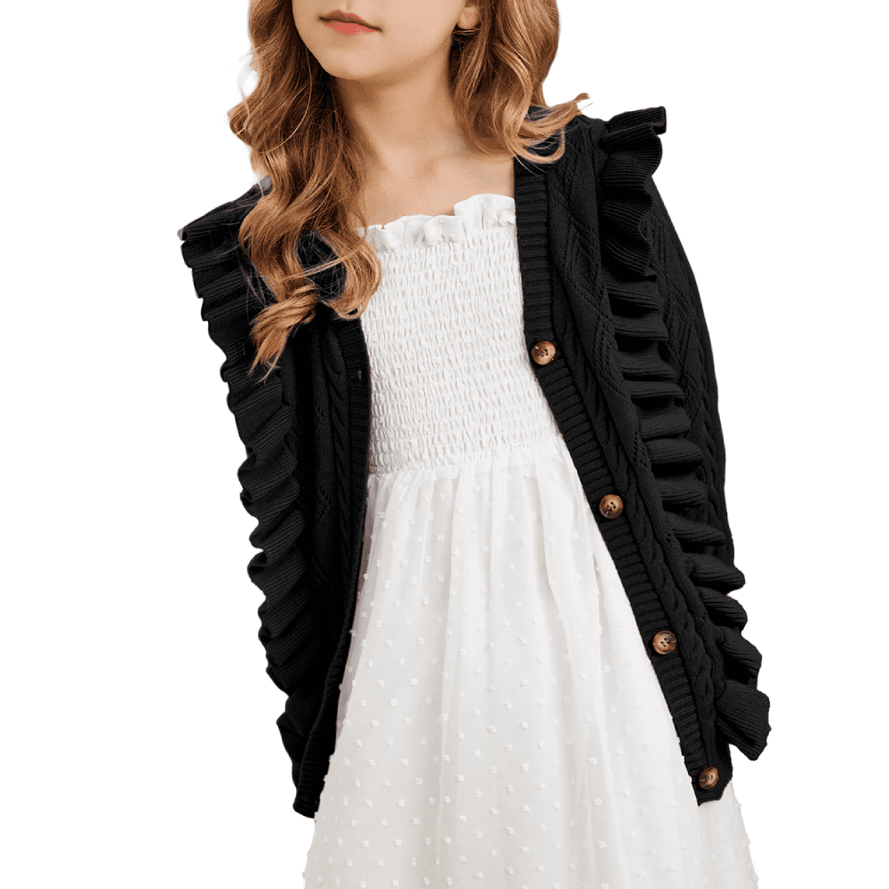 Oudiya Girls Black Ruffle Cardigan Sweater, V Neck Button Down Coat ...