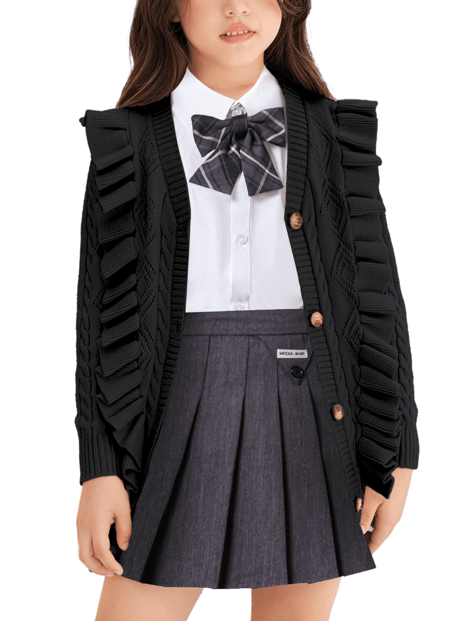 Oudiya Girls Black Cardigan Sweaters Ruffle School Uniform Sweater V ...