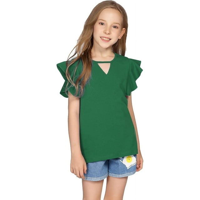 Oudiya Girls Blouse Tops Ruffle Short Sleeve Tees Solid Spring Summer ...
