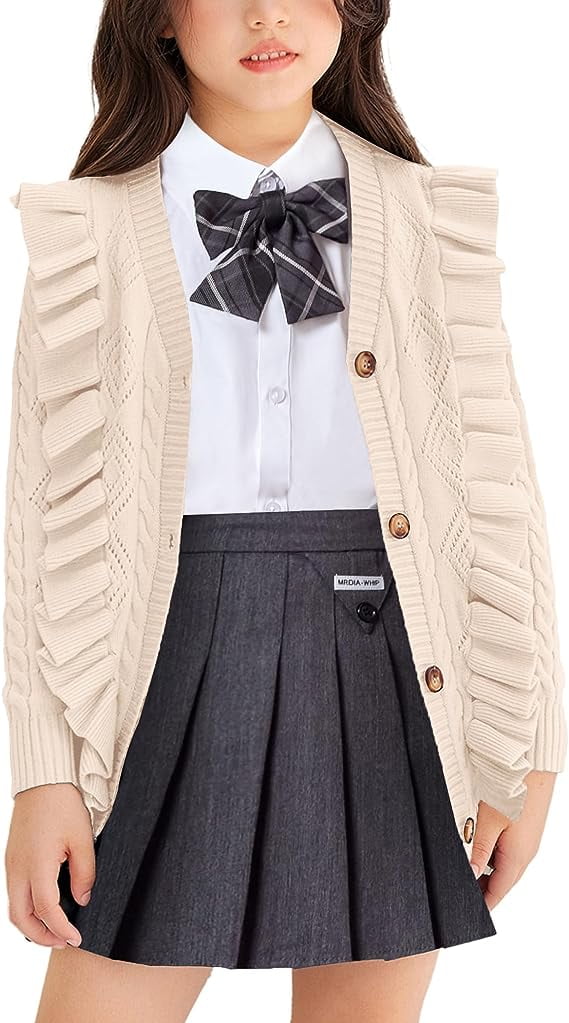 Oudiya Girls Cardigan Sweaters Ruffle School Uniform Sweater V Neck ...