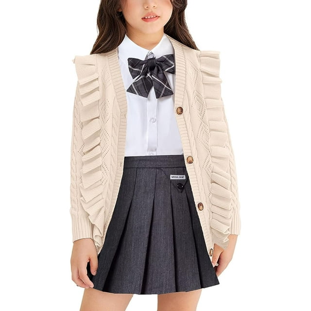 Oudiya Girls Cardigan Sweaters Ruffle School Uniform Sweater V Neck ...