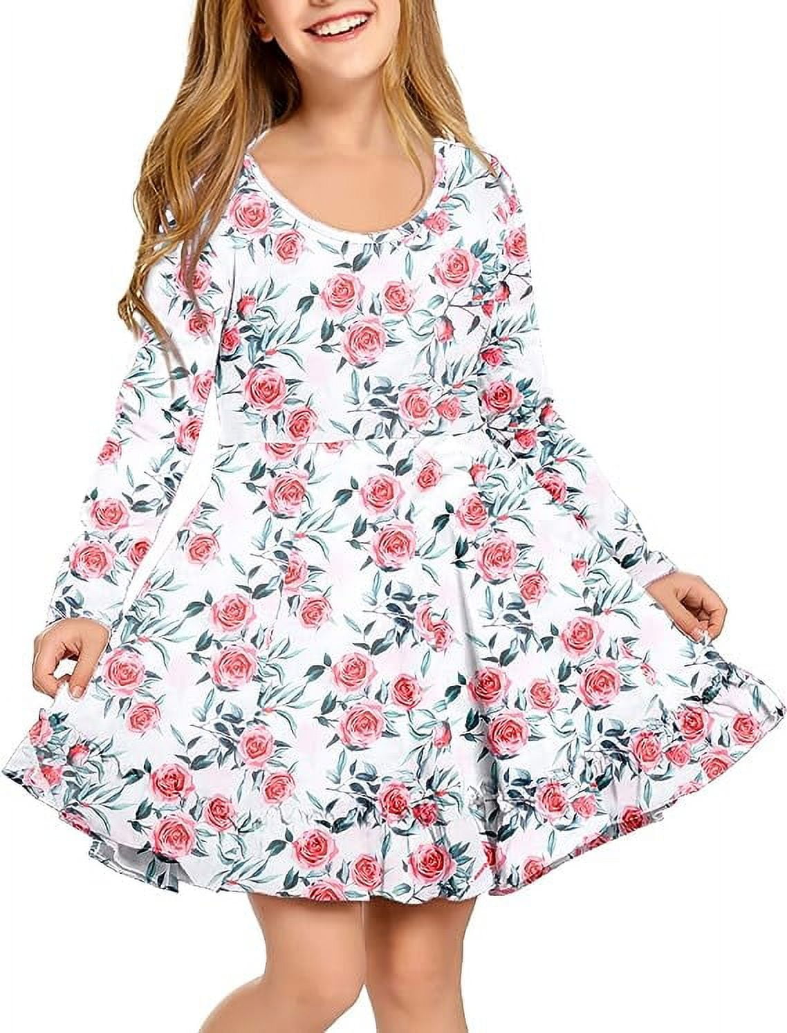 Oudiya Girls Casual Long Sleeve Floral Dress Twirly Skater Swing ...