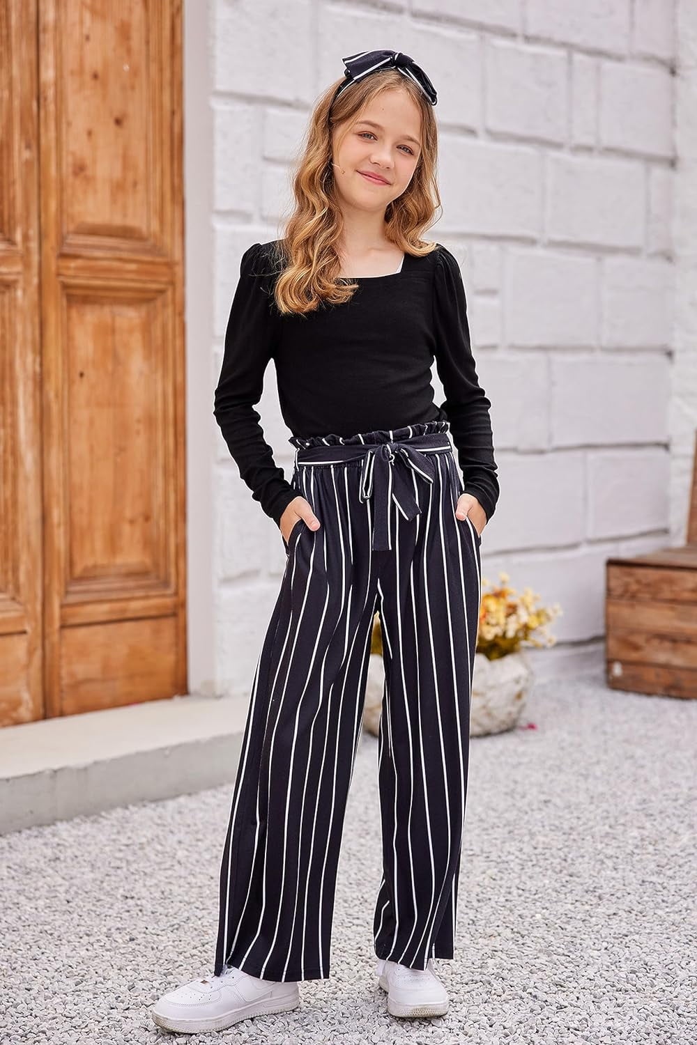 Oudiya Girls Clothing Sets Square Neck Rib Knit Shirts and Stylish Wide ...