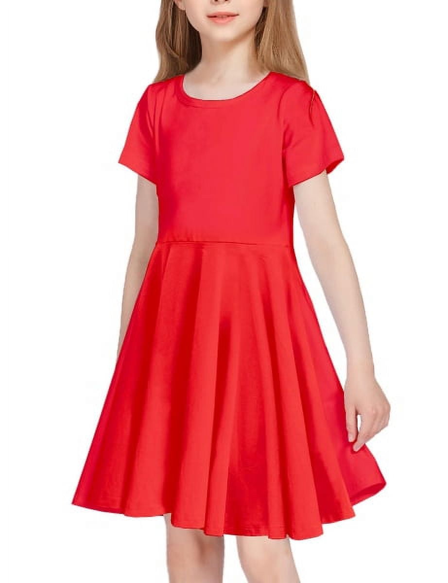 Oudiya Girls Dress Short Sleeve Solid Summer A Line Swing Twirl Skater ...