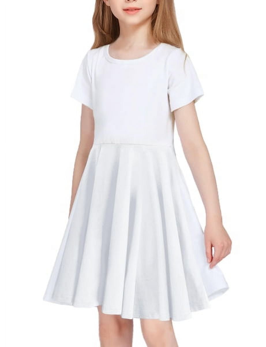 Oudiya Girls Dress Short sleeve A Line Swing Twirl Skater Cotton Solid ...