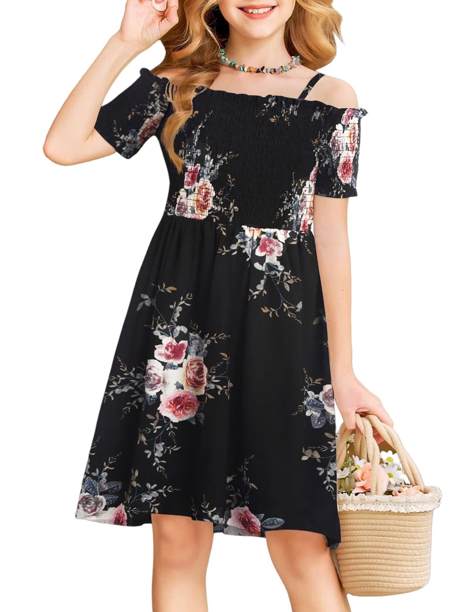 Oudiya Girls Floral Sleeveless Sundress Summer Cami Vintage Dress Black ...