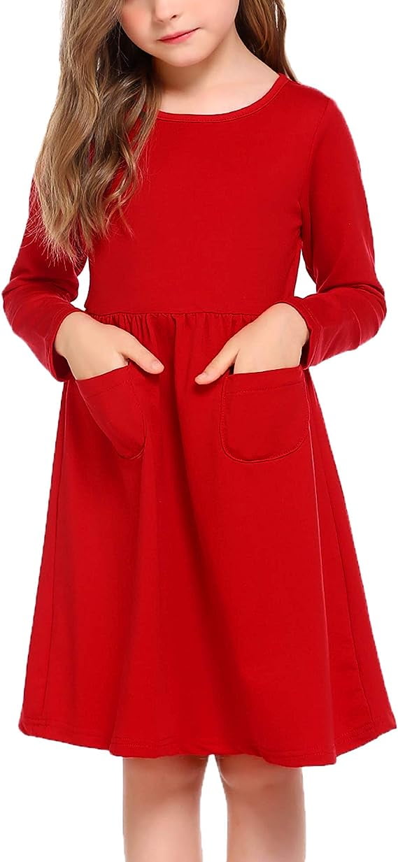 Oudiya Girls Long Sleeve Dress Solid Color Casual Skater Fall Dress ...